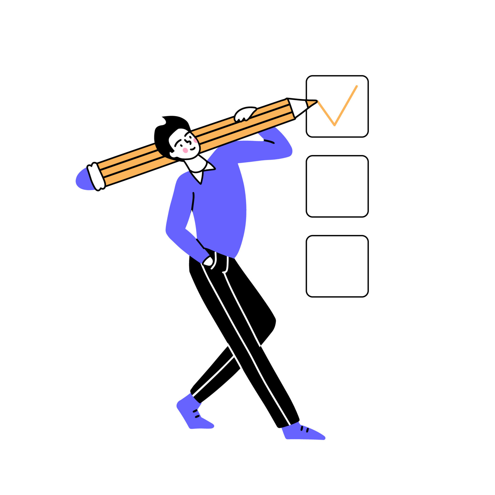 Male Student with huge pencil make checkmark. College education or back ... Male Student with huge pencil make checkmark. College education or back ...