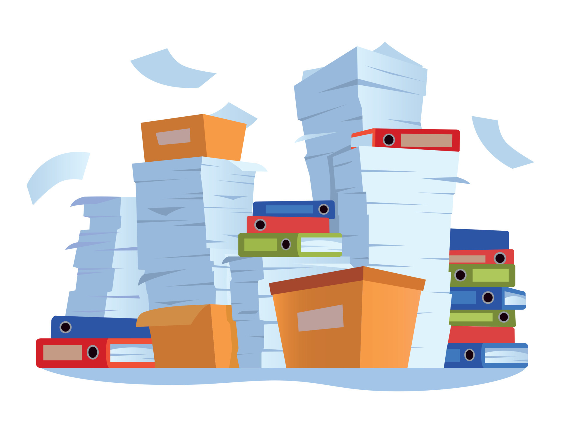 desorganizado papeleo. papel documentos pila, oficina trabajo documentación desorden dibujos ...