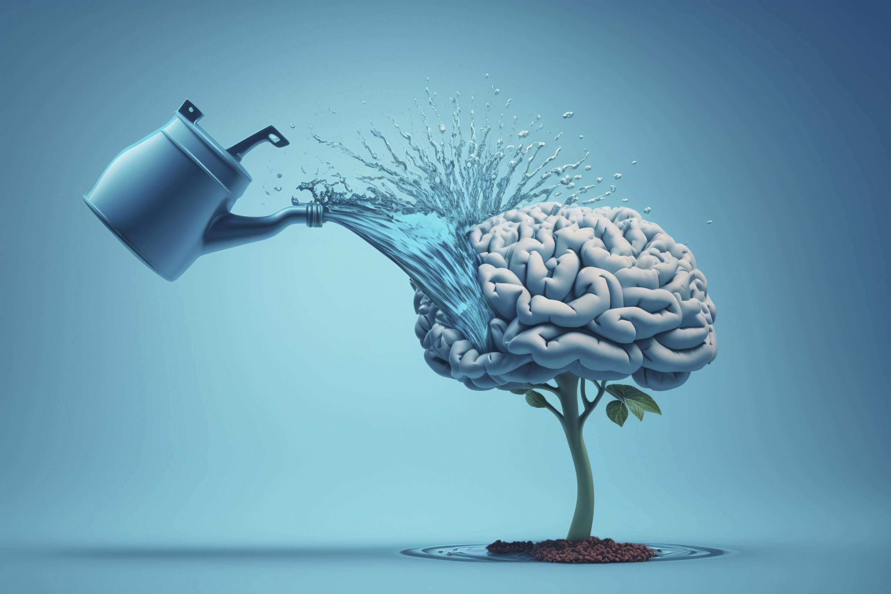 Human brain growing from a flower, watering can is pouring water on the mind, mental health ...
