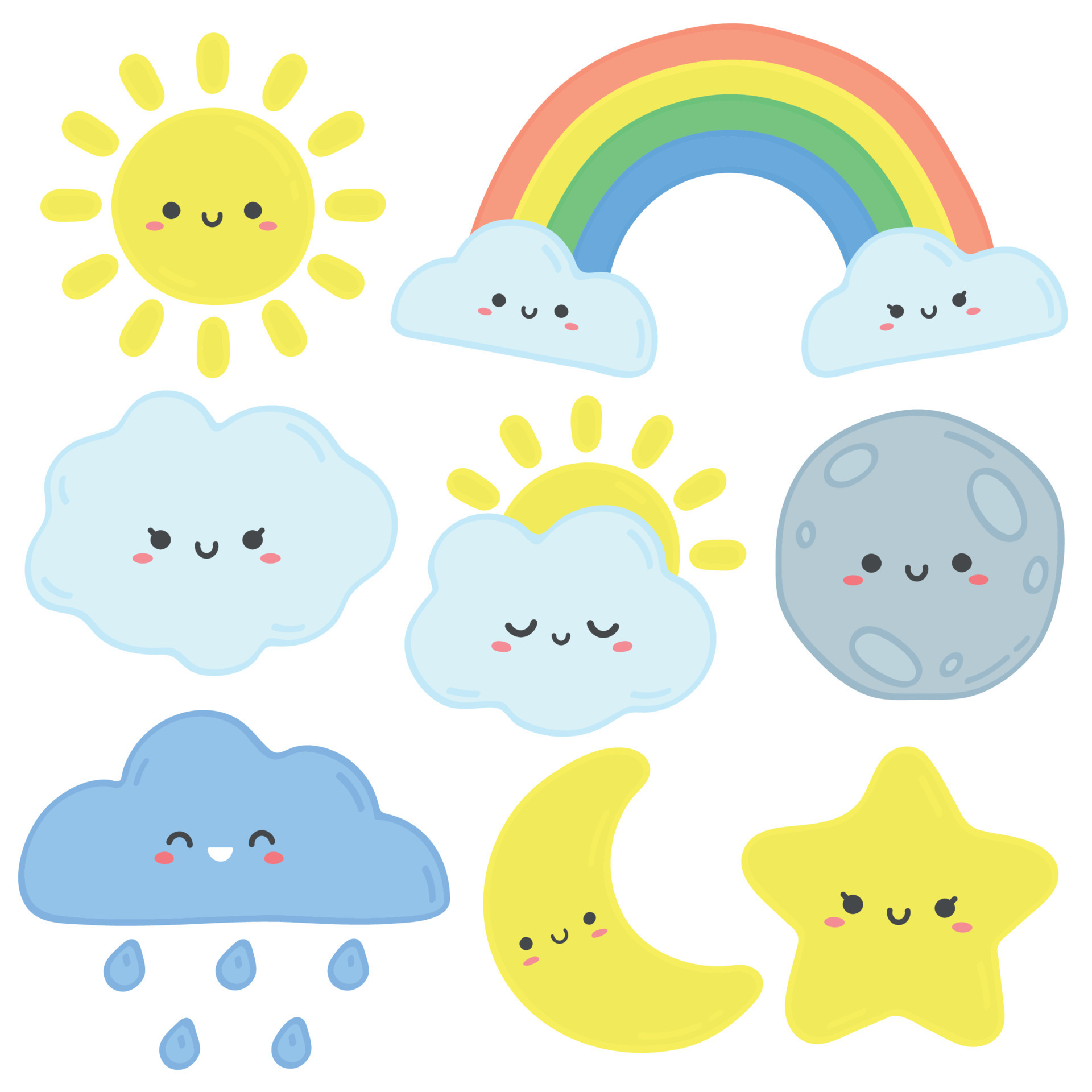 Cute sky. Happy sun, funny moon and hand drawn star. Nursery sleep ...