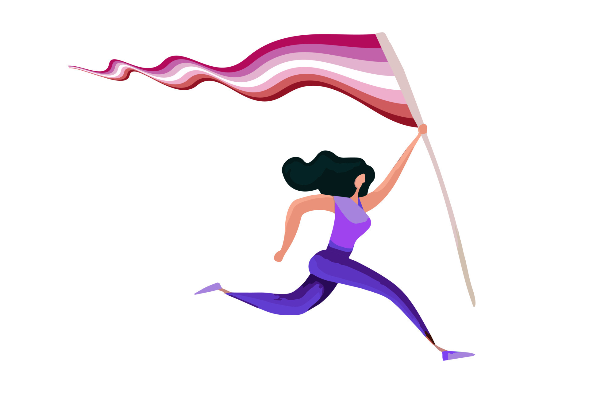 Running Woman holds a lesbian flag isolated on white background. Vector ...