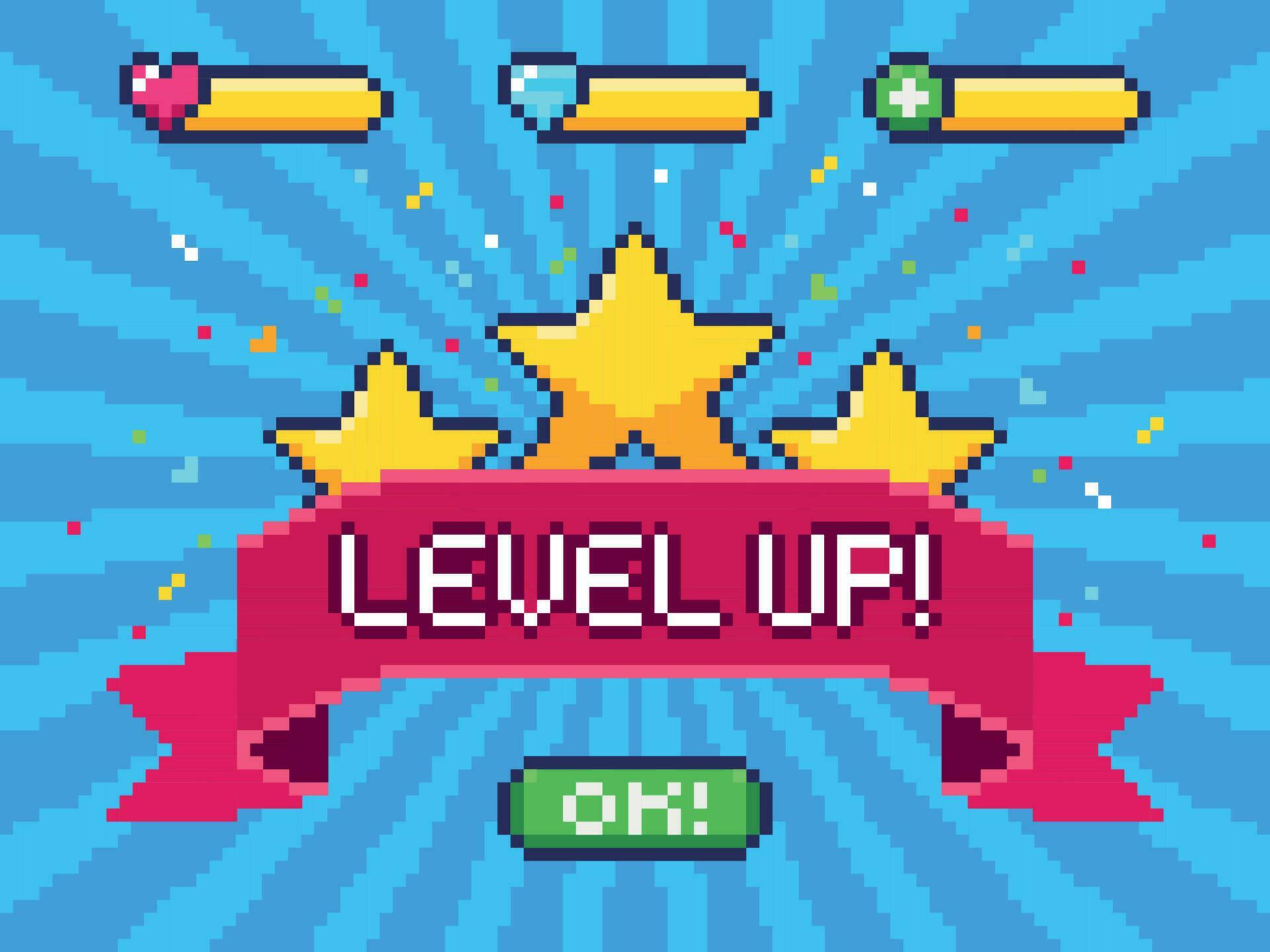 Level Up screen. Pixel video game achievement, pixels 8 bit games ui ...