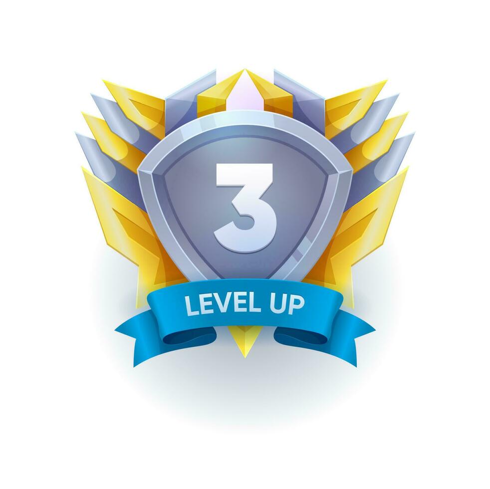 Game level up badge and win icon, shield banner 24393785 Vector Art at Vecteezy