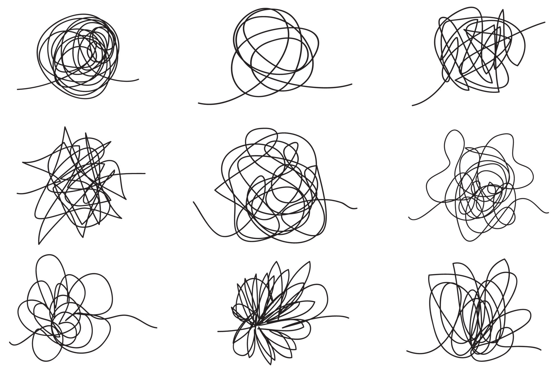 Set Of Random Chaotic Lines Hand Drawing Insane Tangled Scribble Clew Vector Icon Isolated On