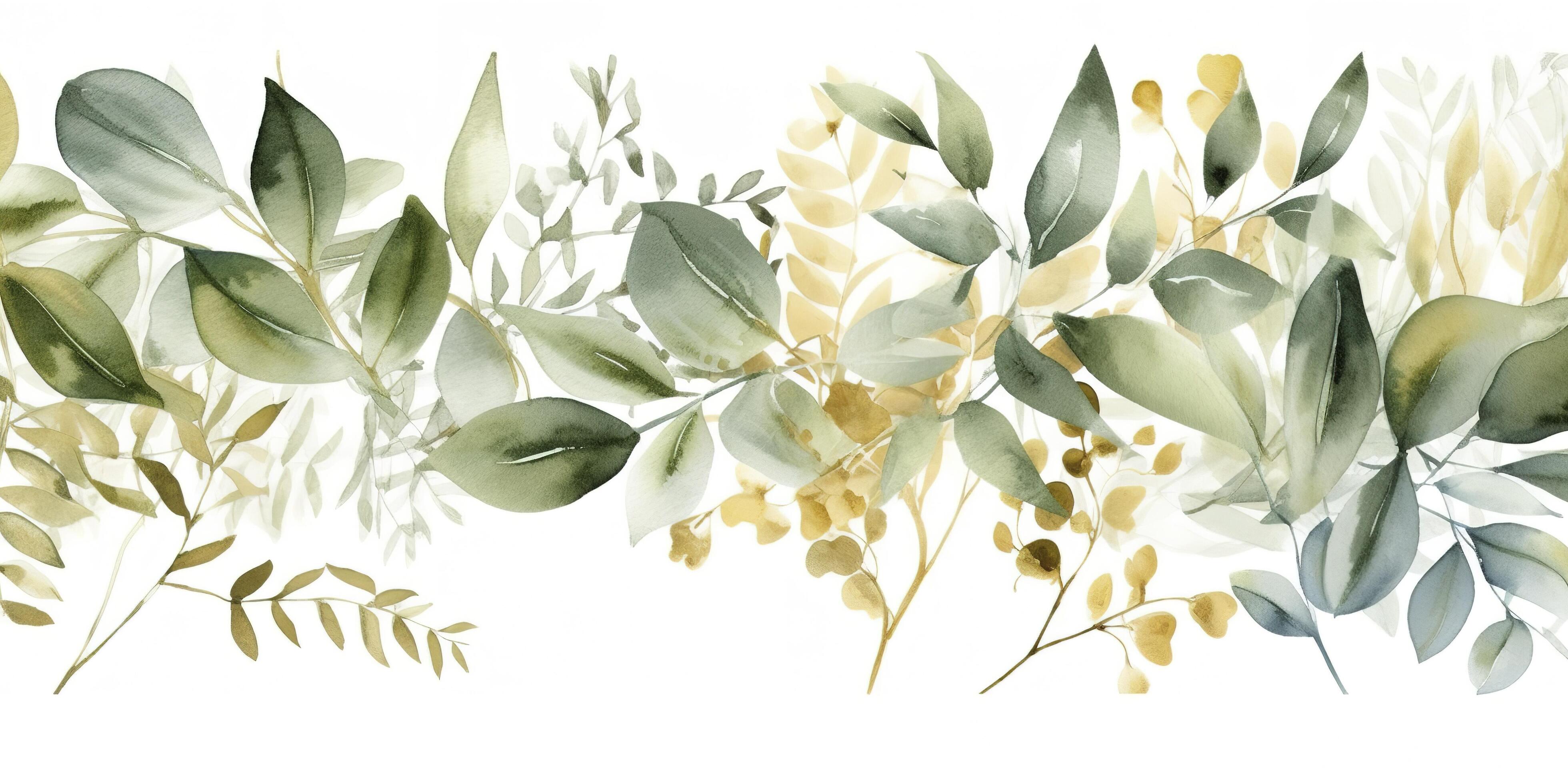 Watercolor seamless border - illustration with green gold leaves and ...