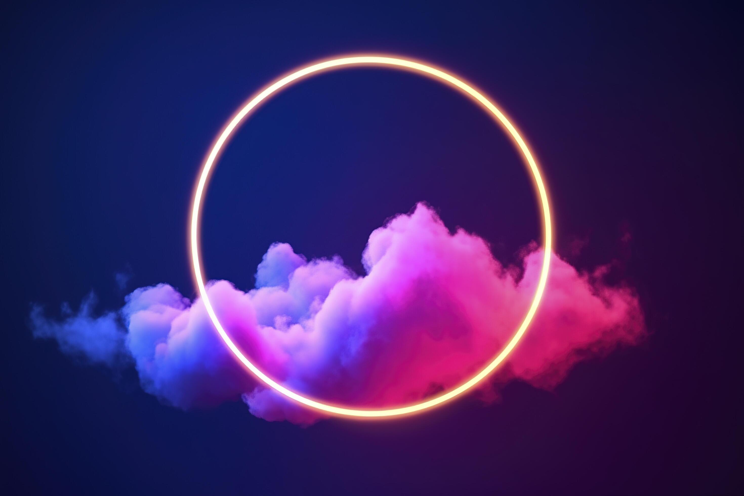 3d render, abstract cloud illuminated with neon light ring on dark night sky. Glowing geometric ...