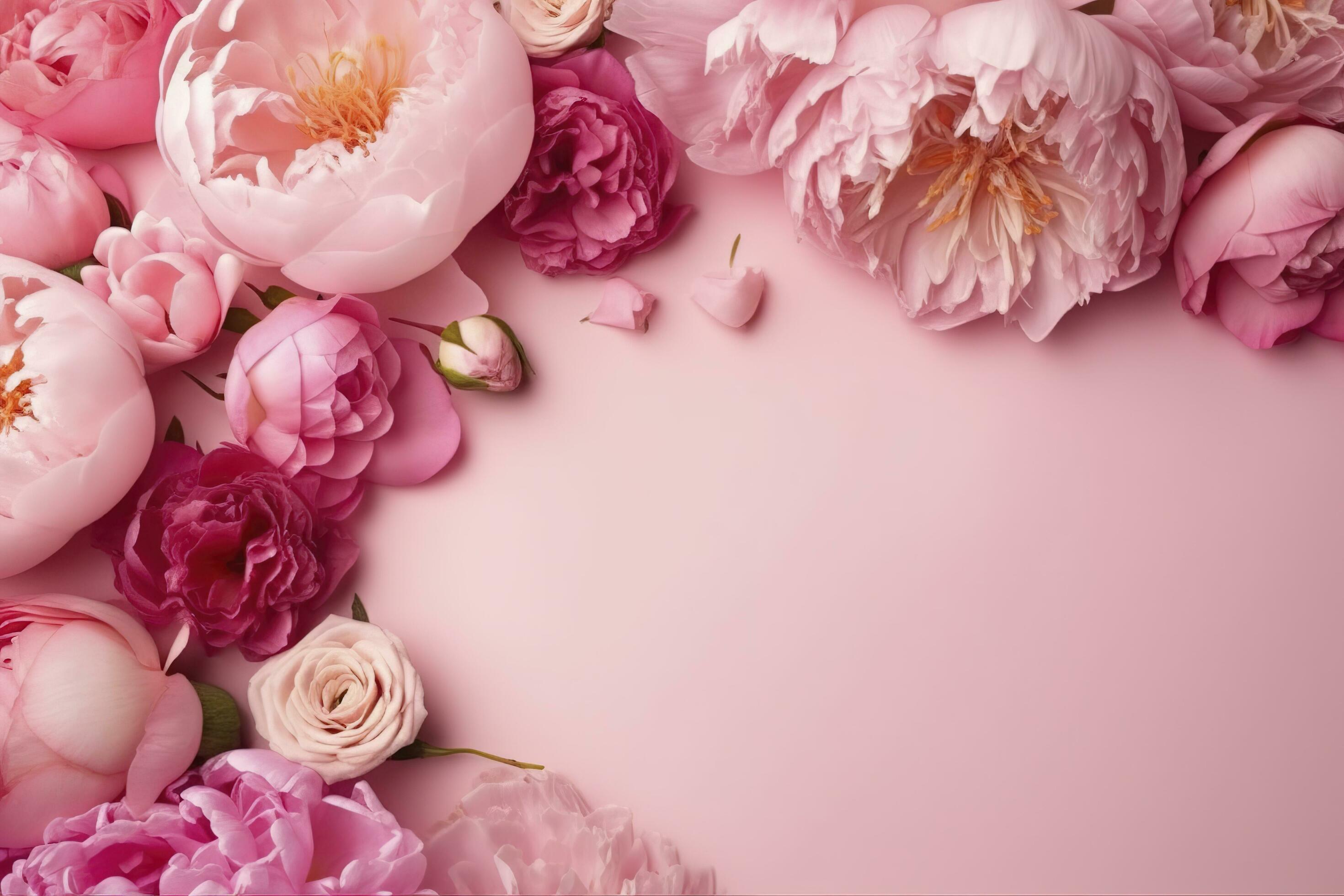 Peonies Roses On Pink Background With Copy Space Abstract Natural