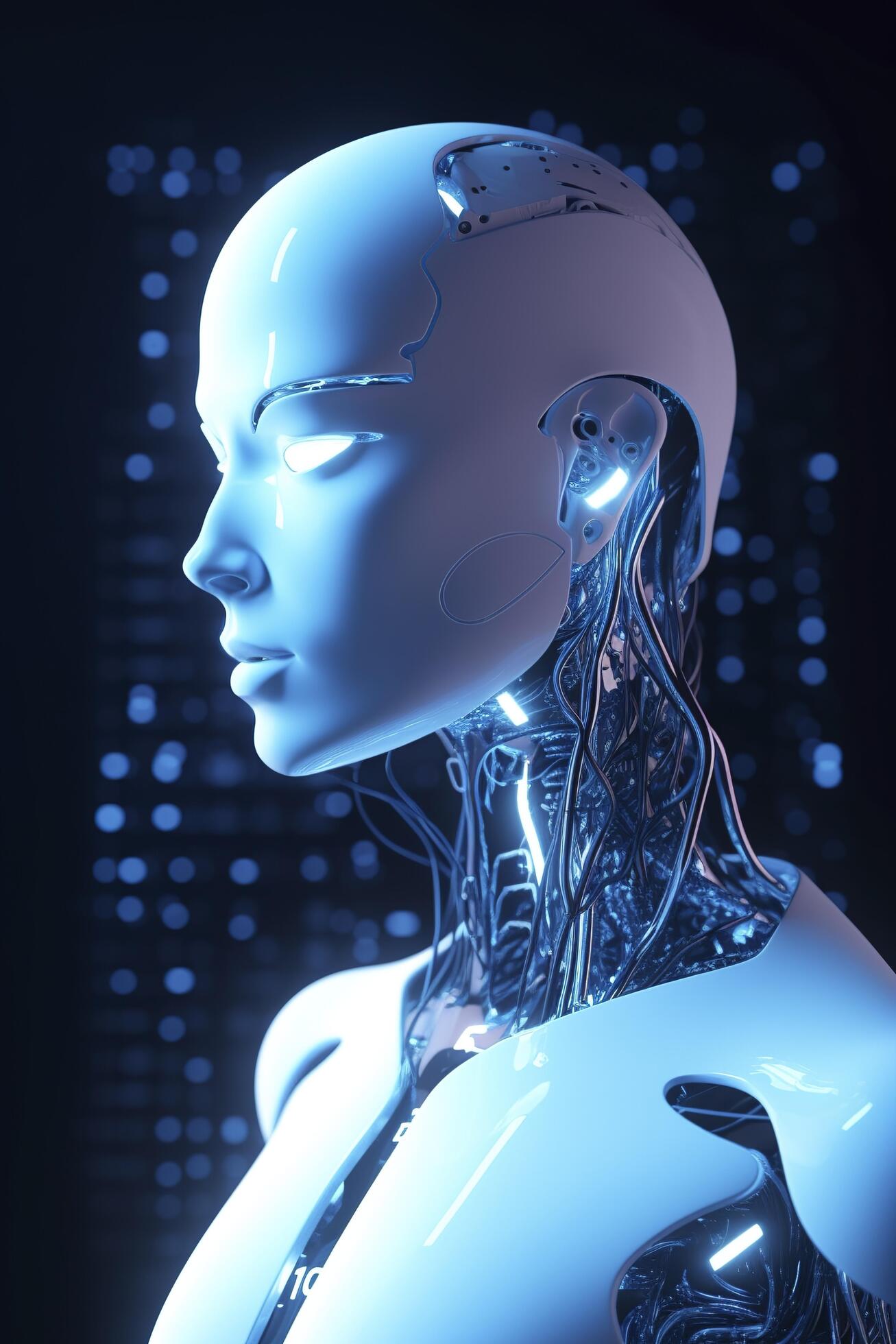 ChatGPT, a Thinking robot, a Humanoid robot faces close-up futuristic modern tech chatbot ...