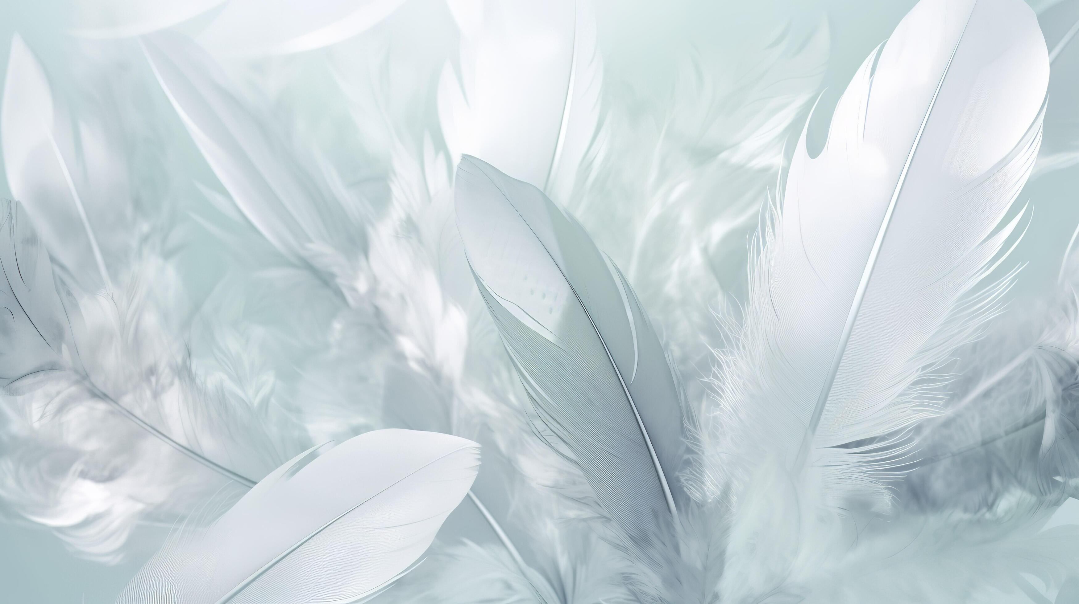 a bright blue background with one white feather, in the style of soft and dreamy pastels ...