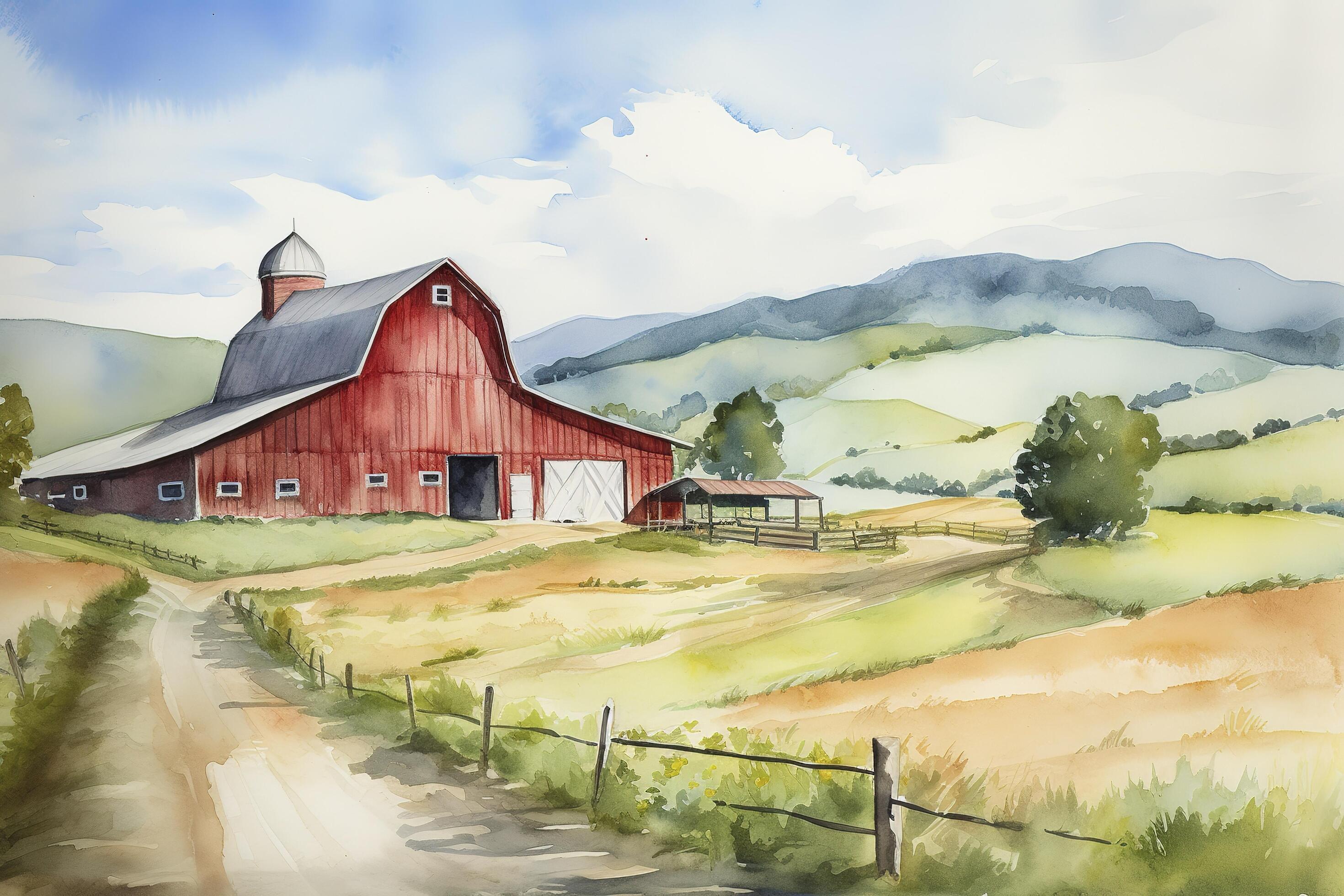 a watercolor painting of a rural countryside scene, featuring a ...