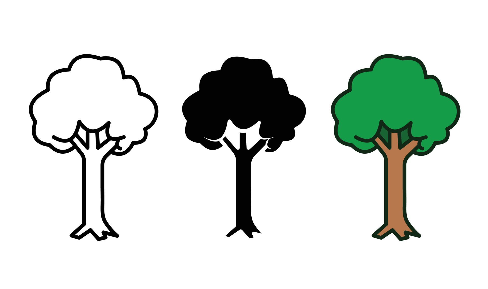 Tree icon from outline only, black and white silhouette, and colored ... Tree icon from outline only, black and white silhouette, and colored ...