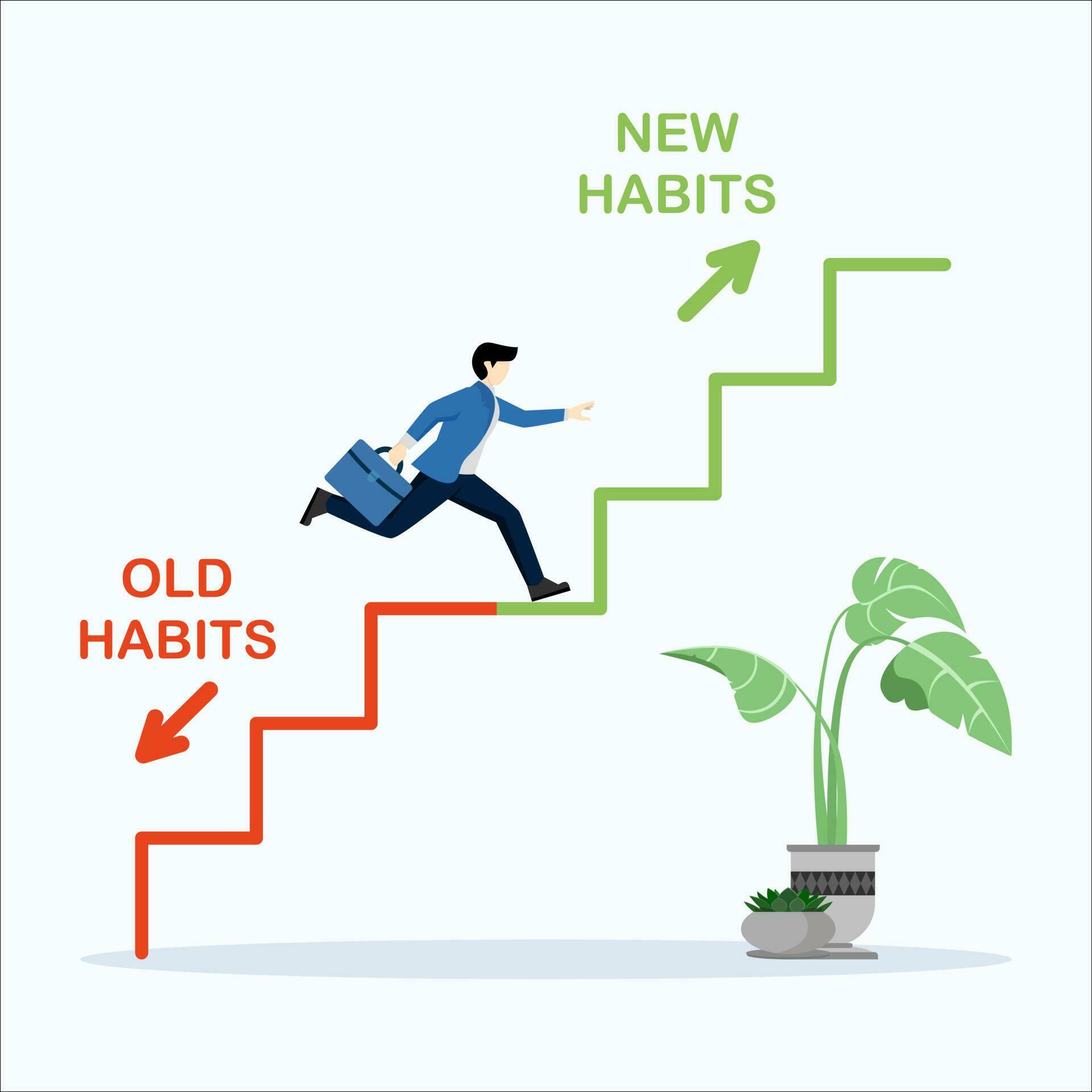 Businessman climbing ladder to new habit, Old Habit and new habit choice, Choose new direction ...