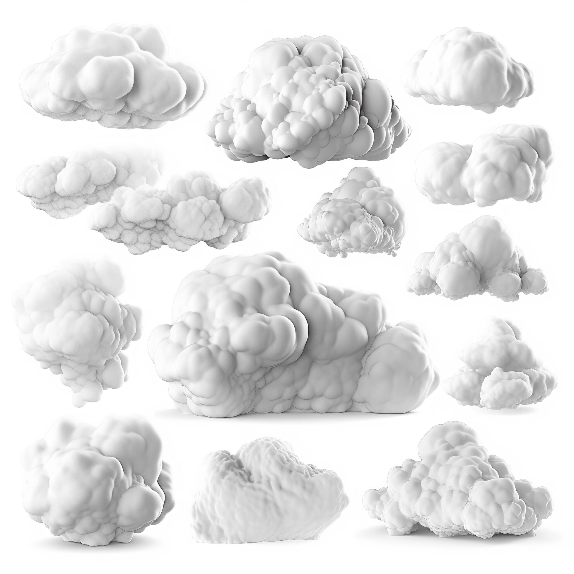 3d render, collection of abstract realistic clouds isolated on white ...