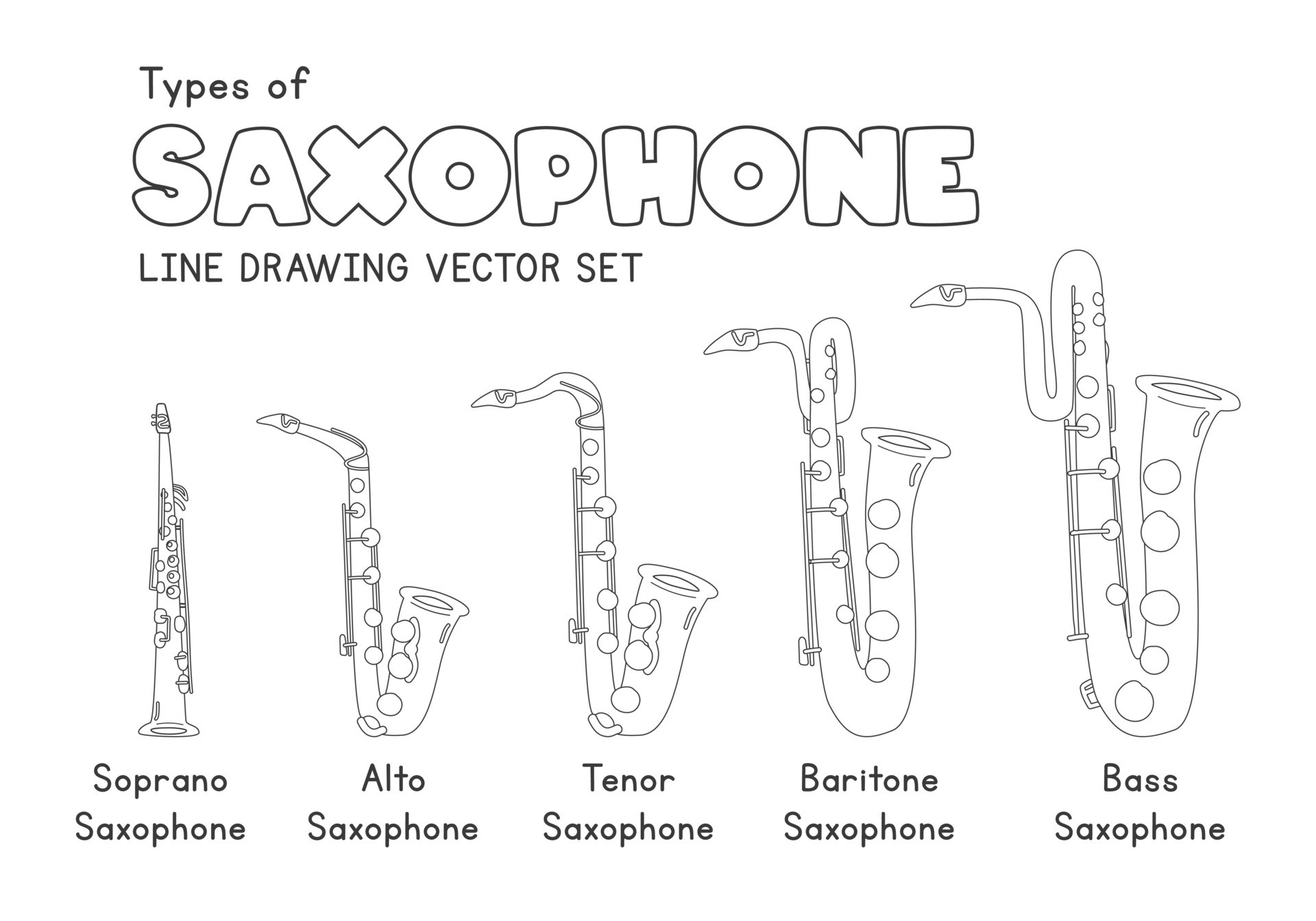 Types Of Saxophone Line Drawing Vector Set Soprano Alto Tenor Baritone Bass Saxophone