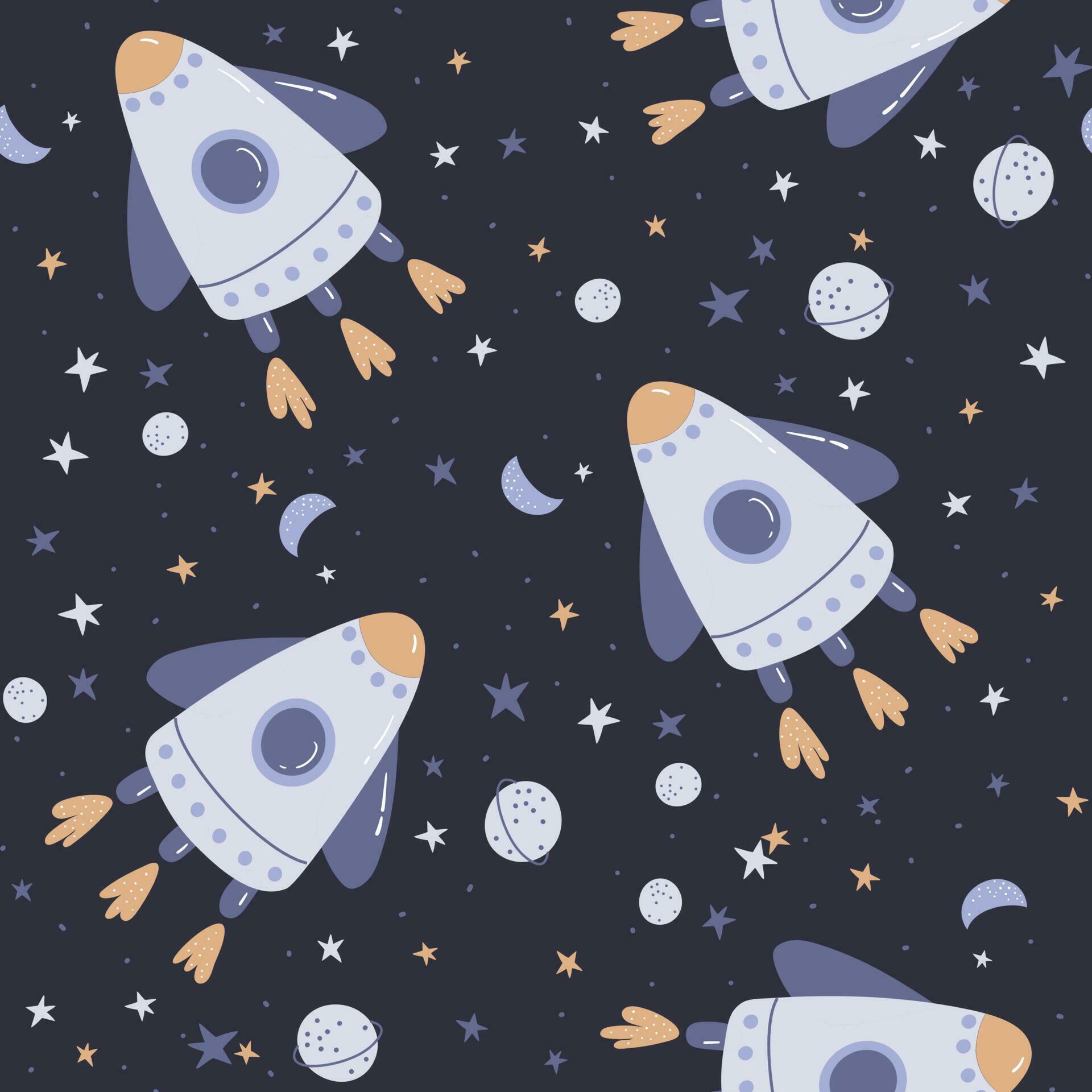 Seamless pattern with rocket in space and cute planet. Vector ...