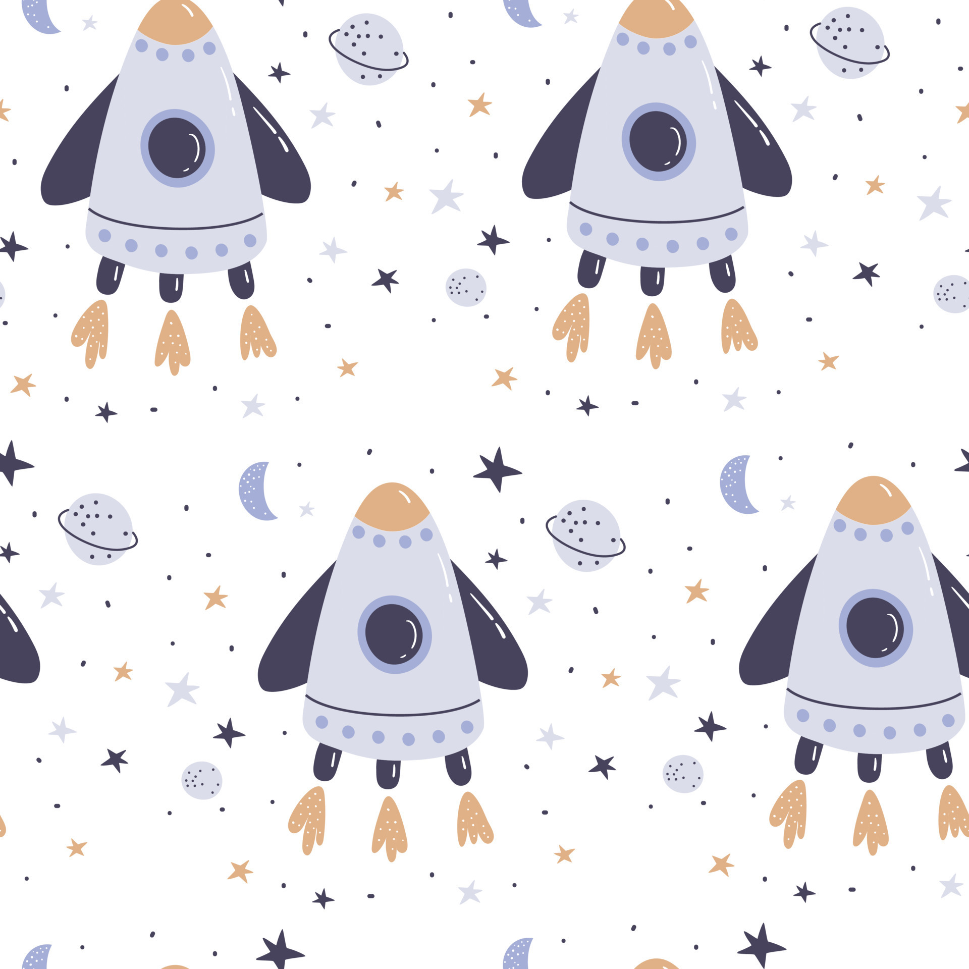 Seamless pattern with rocket in space and cute planet. Vector ...