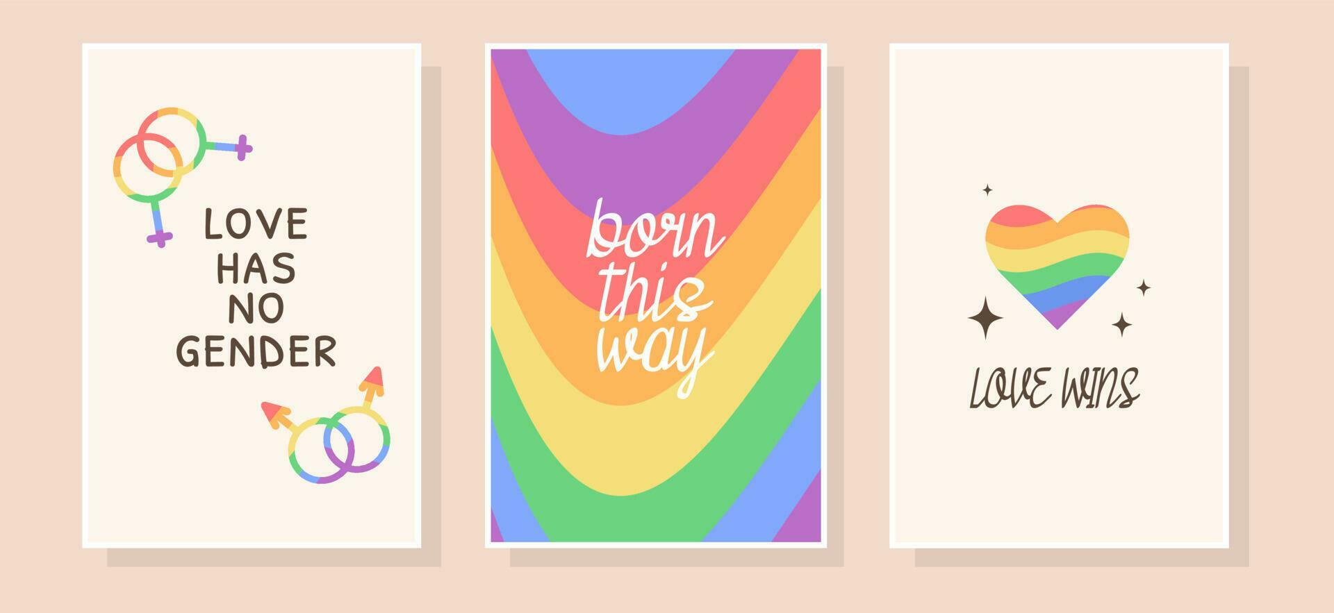 Card collection with LGBTQ community symbols and pride month slogans ...