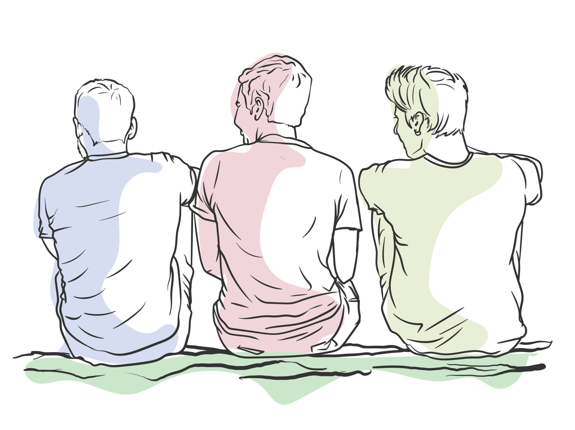 Three male friends laughing together, discussing, sitting backward on ... Three male friends laughing together, discussing, sitting backward on ...