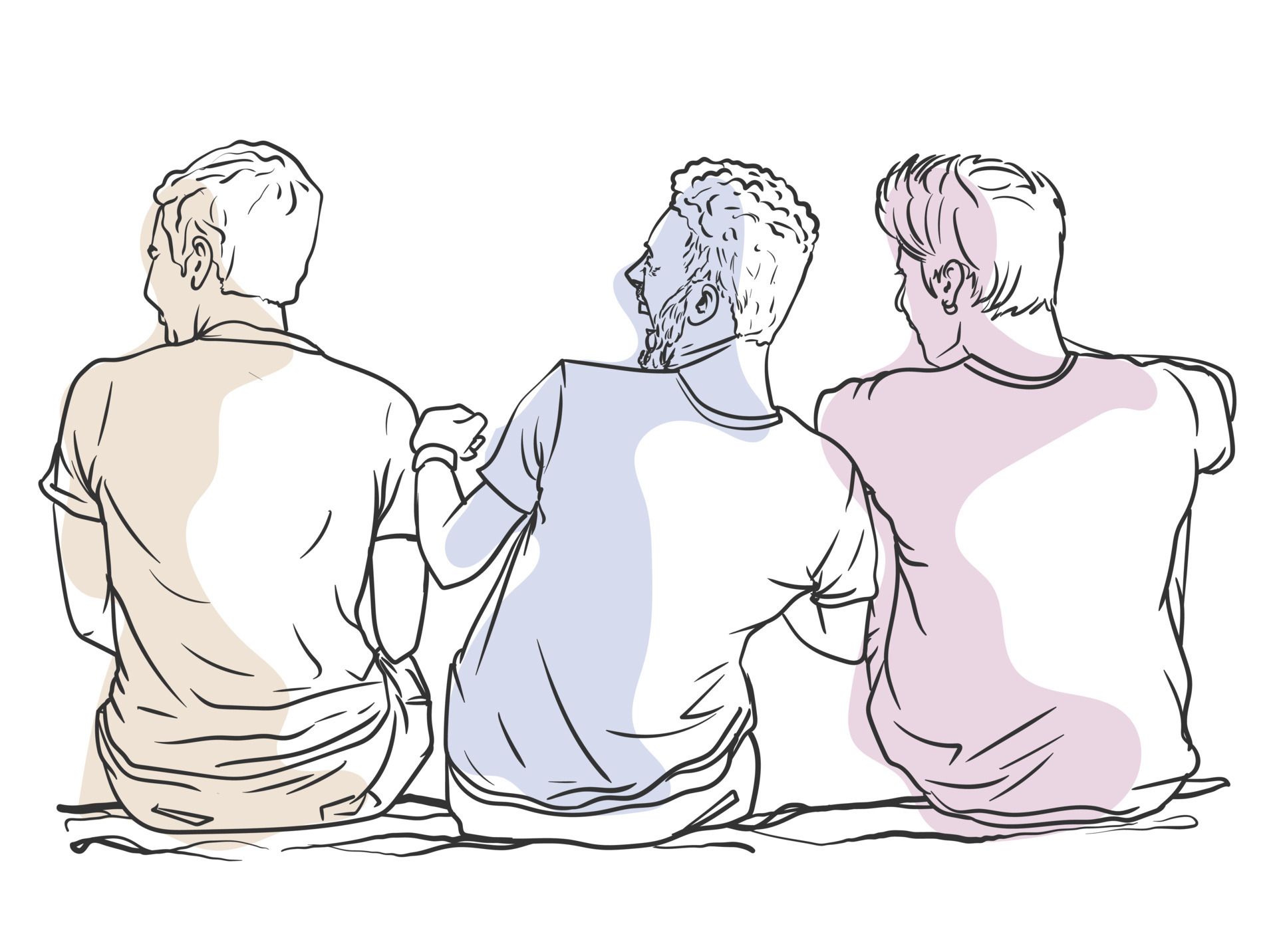 Three male friends laughing together, discussing, sitting backward on ... Three male friends laughing together, discussing, sitting backward on ...