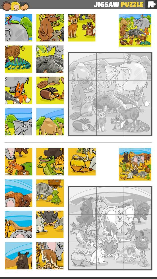 jigsaw puzzle activities set with cartoon wild animal characters ...