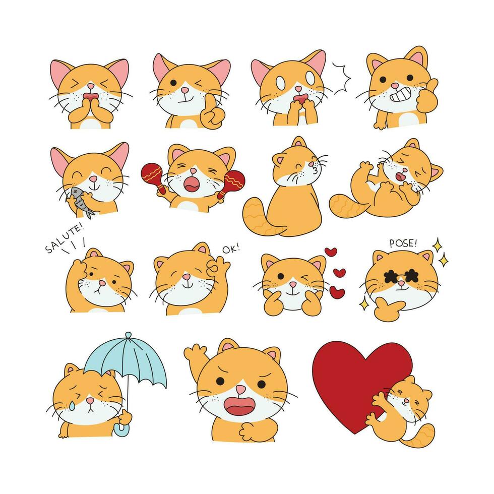 Hand Drawn Cute Cat Sticker Isolated On White Background Cute Orange