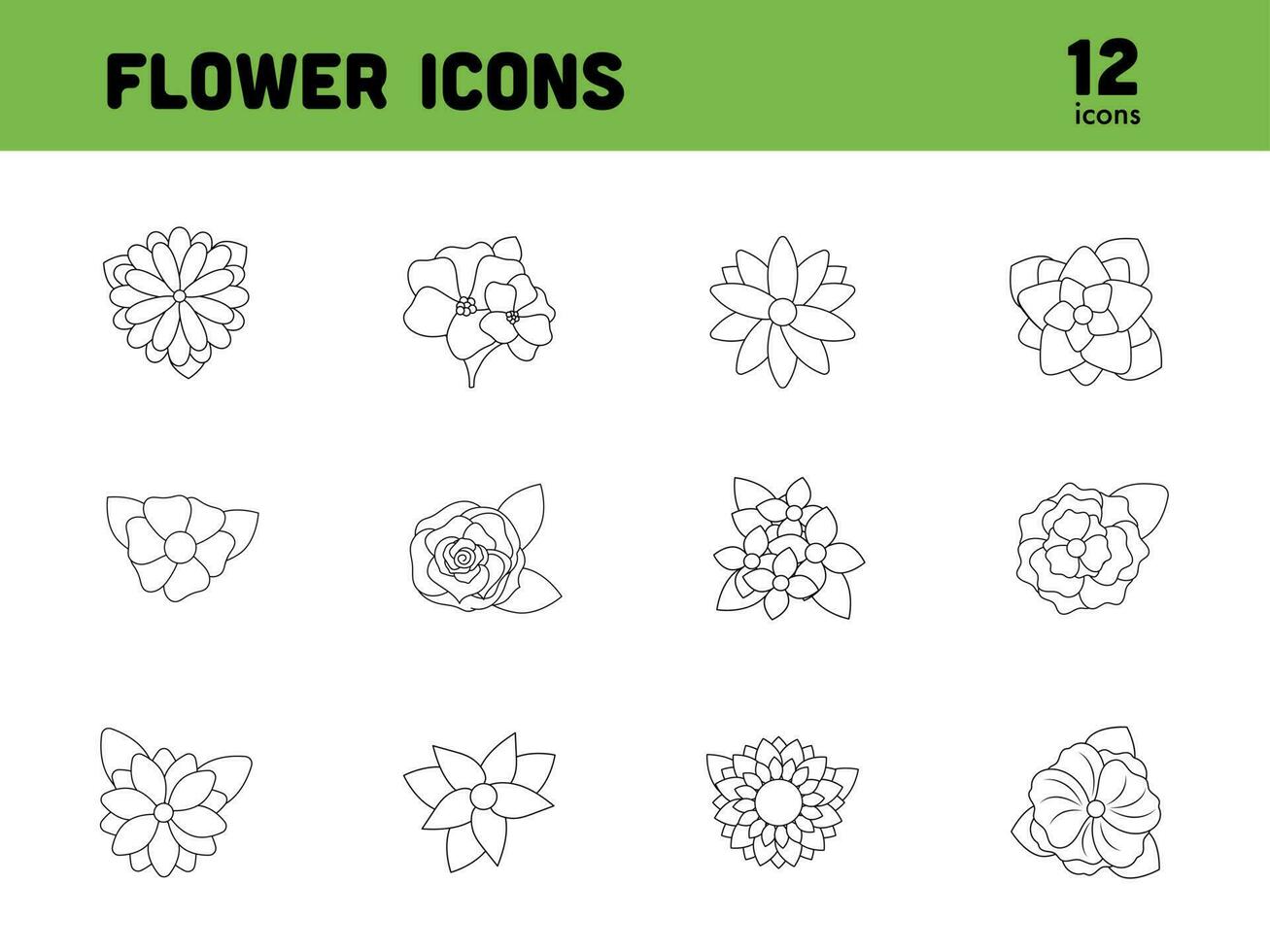 Black Line Art Set of Flower Icon In Flat Style. 24481928 Vector Art at ...