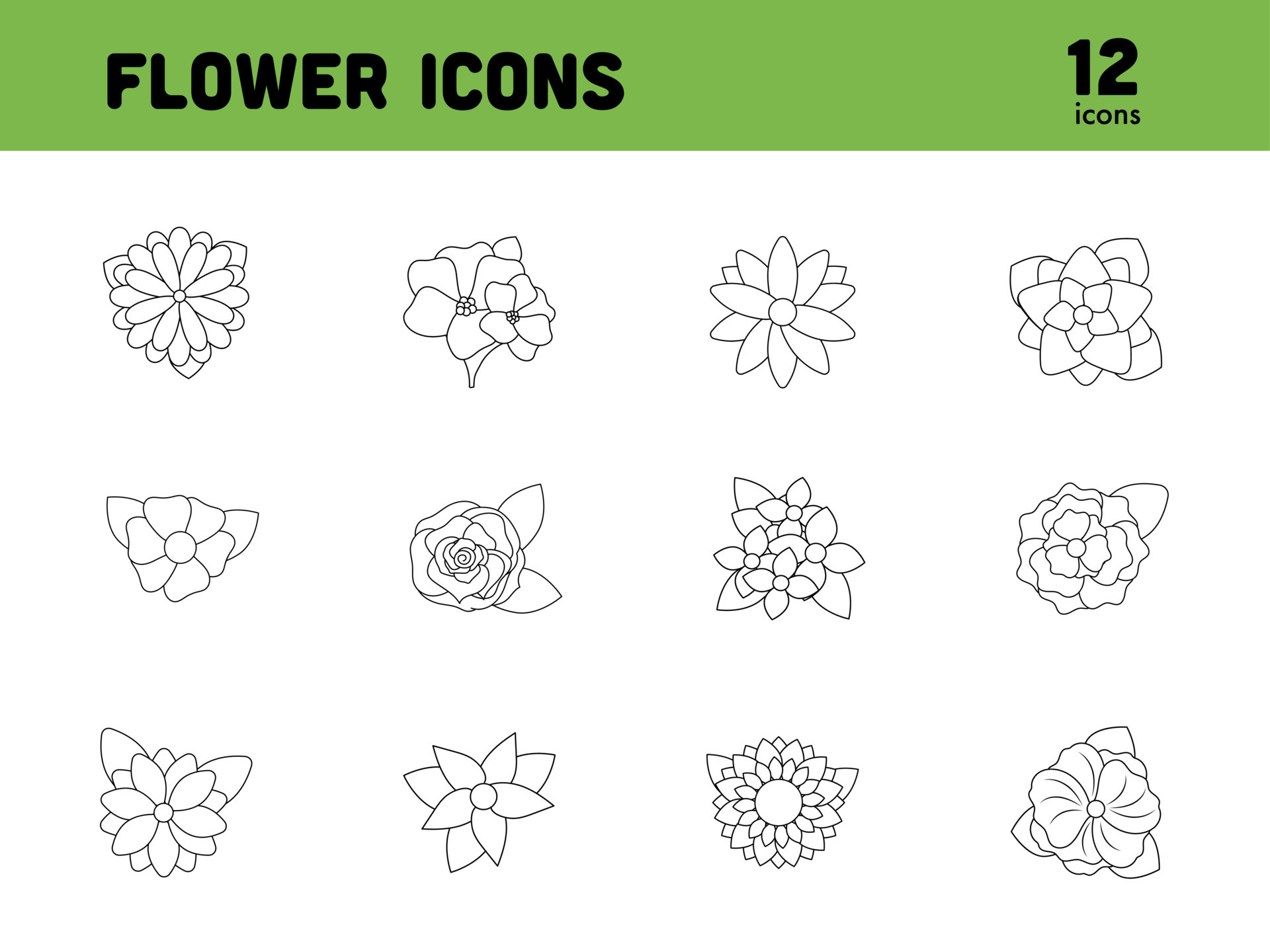 Black Line Art Set of Flower Icon In Flat Style. 24481928 Vector Art at ...