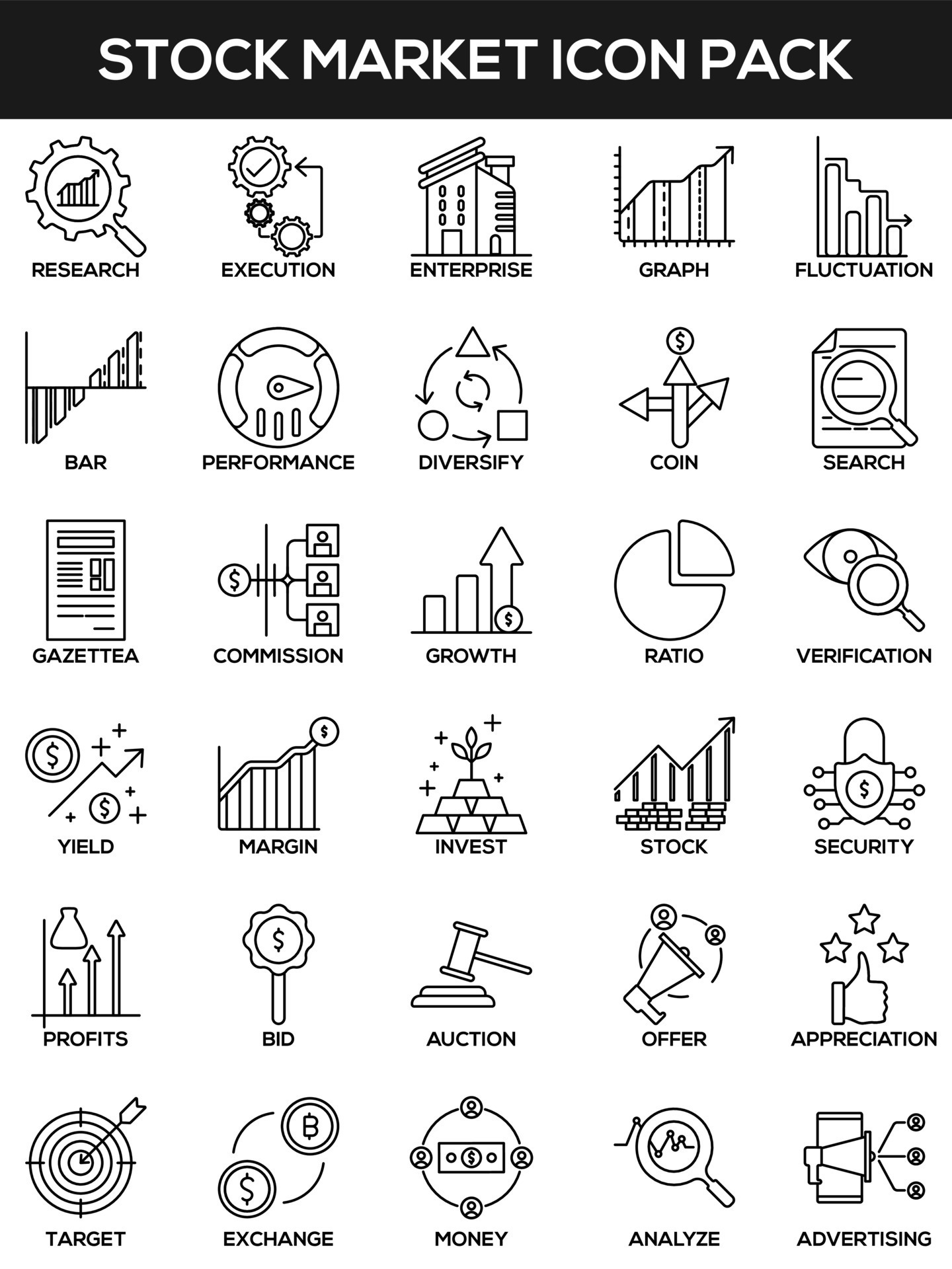 Set of Stock Market Icons in Black Thin Line Art. 24481983 Vector Art ...