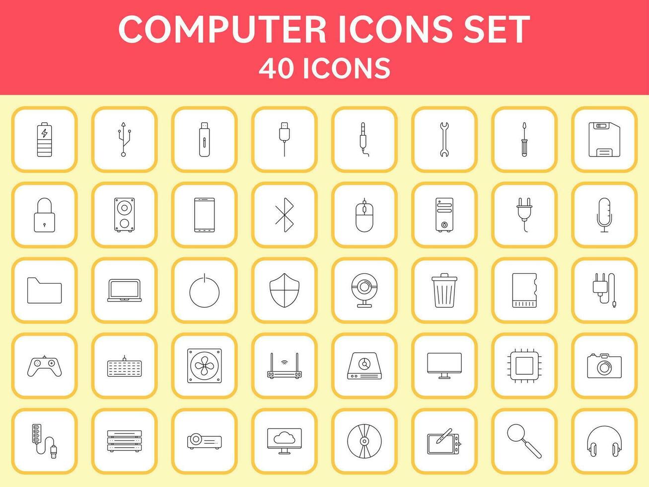 Computer Or Mobile Tool Application Line Art Icon Set On Square ...