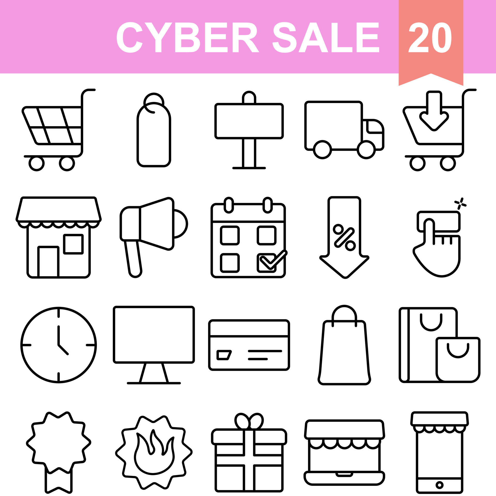 Flat Style 20 Cyber Sale Icon In Black Line Art. 24482484 Vector Art at ...