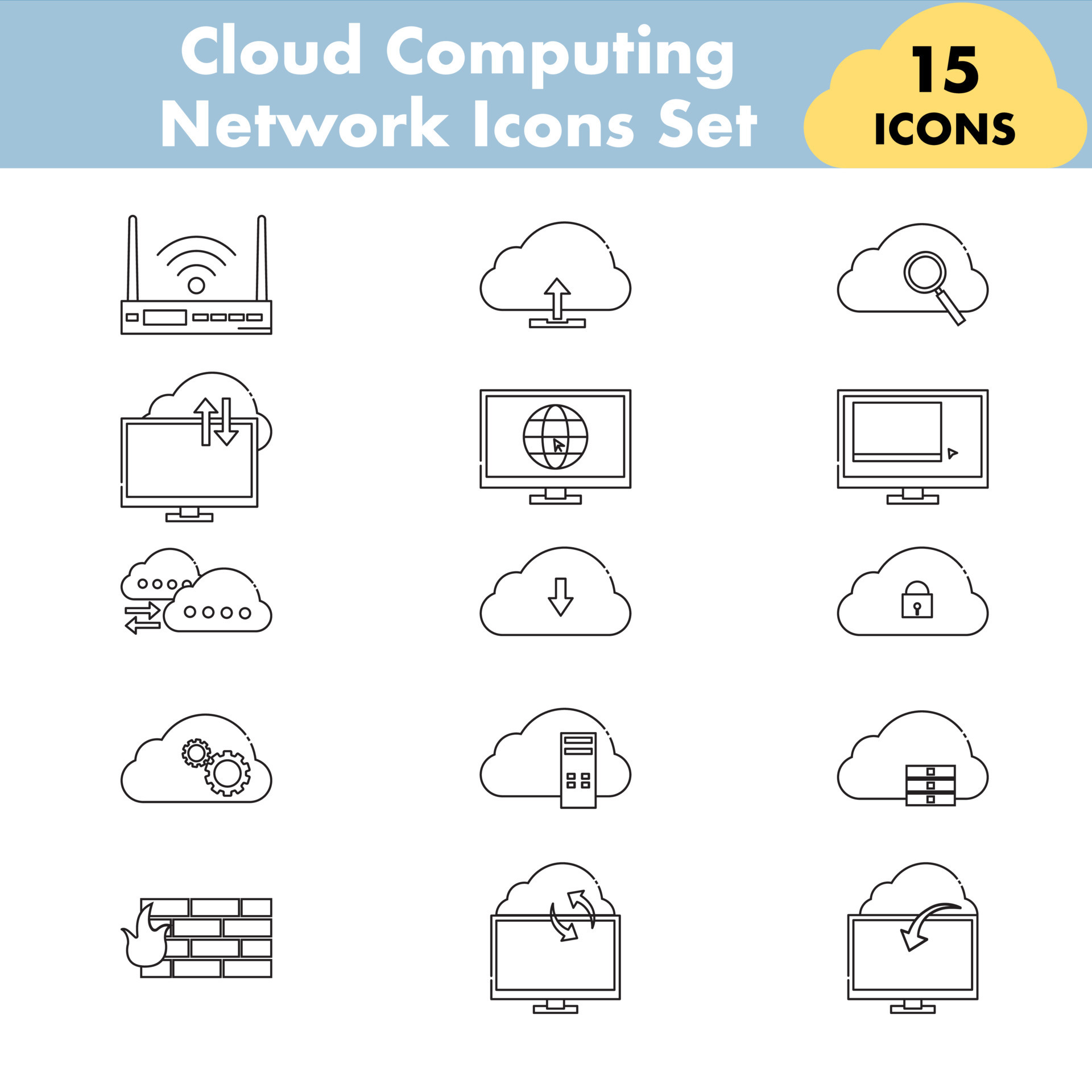 Black Line Art Set Of Cloud Computing Network Icon In Flat Style. 24482494 Vector Art at Vecteezy