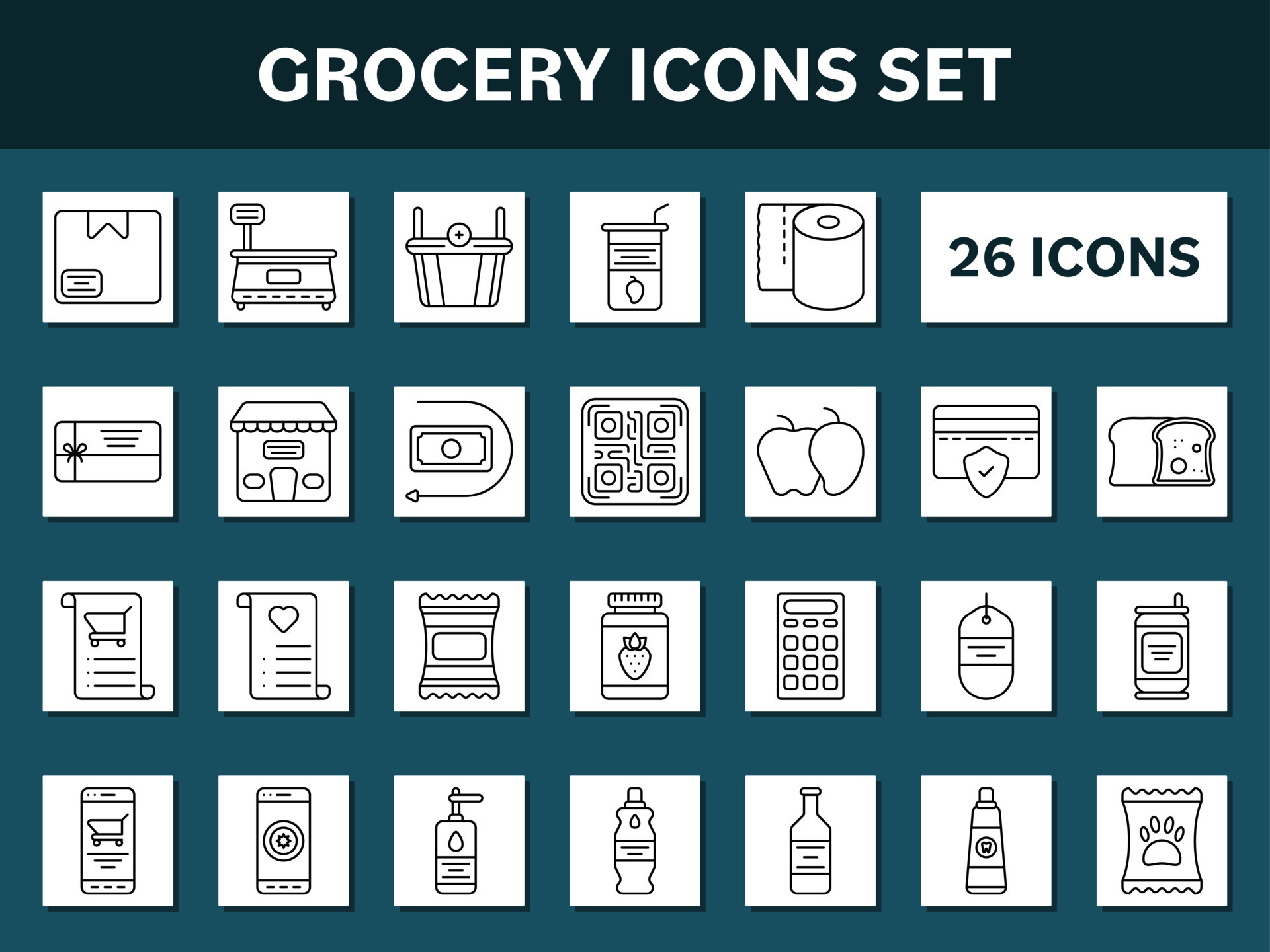 Black Line Art Grocery Icons On White and Teal Square Background. 24482890 Vector Art at Vecteezy