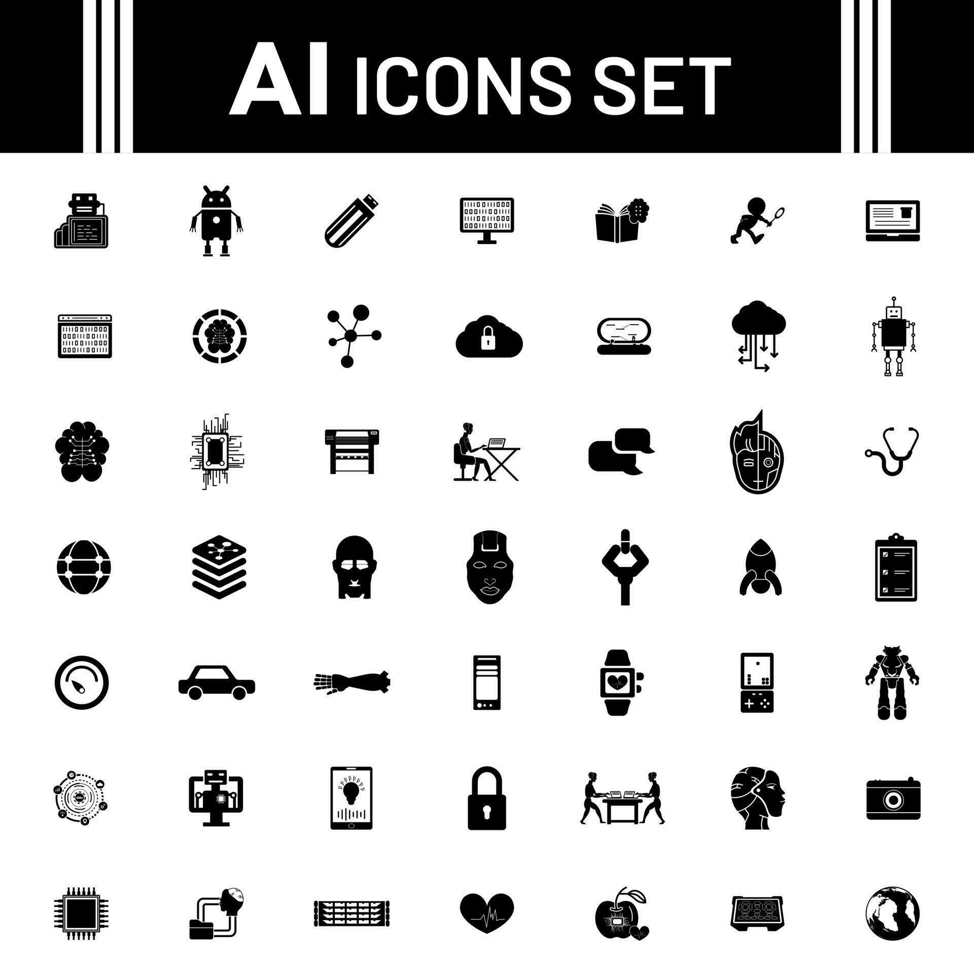 black and white illustration of Artificial intelligence AI icon set ...