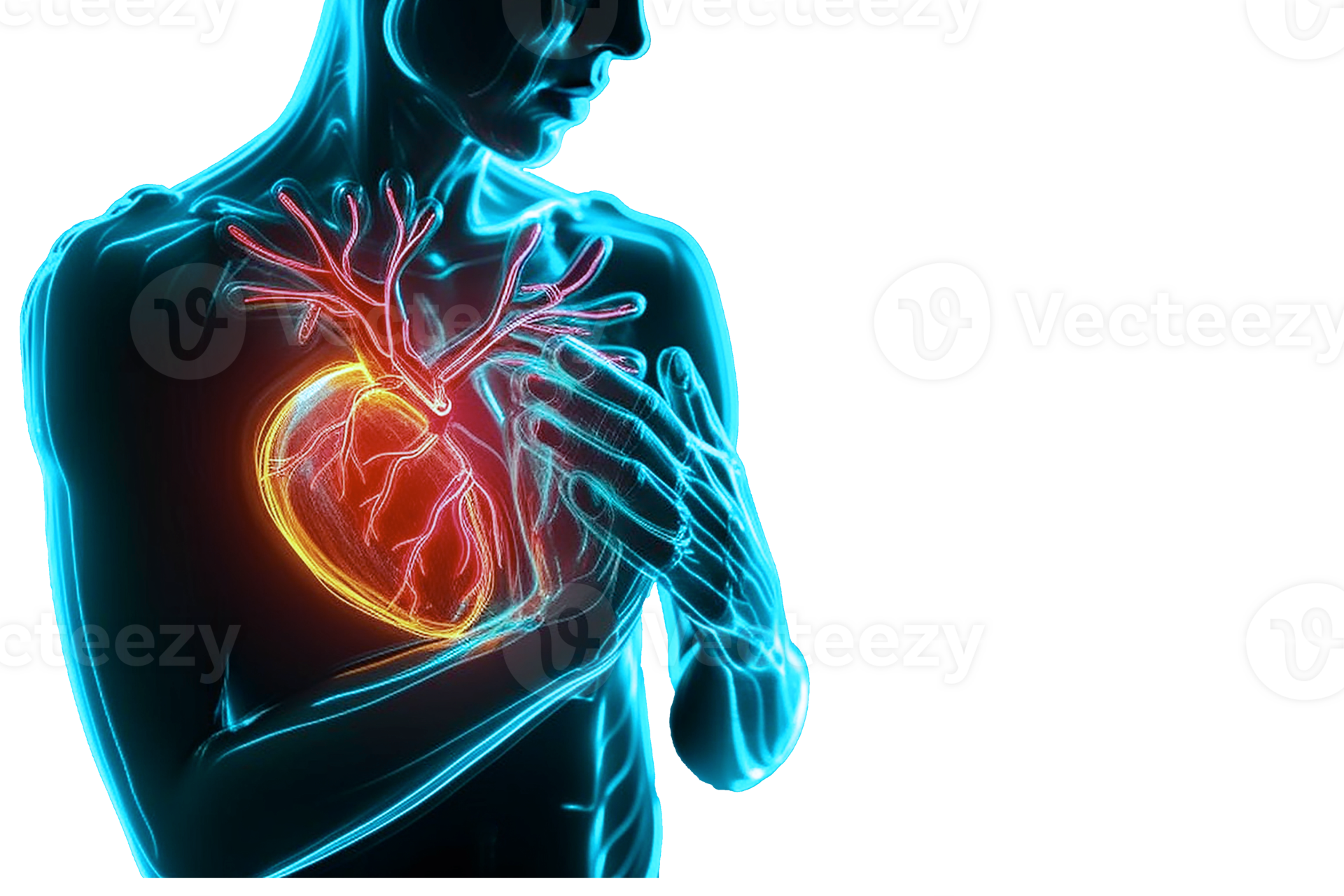 Pain in the heart, a person is holding on to the heart in his chest ...