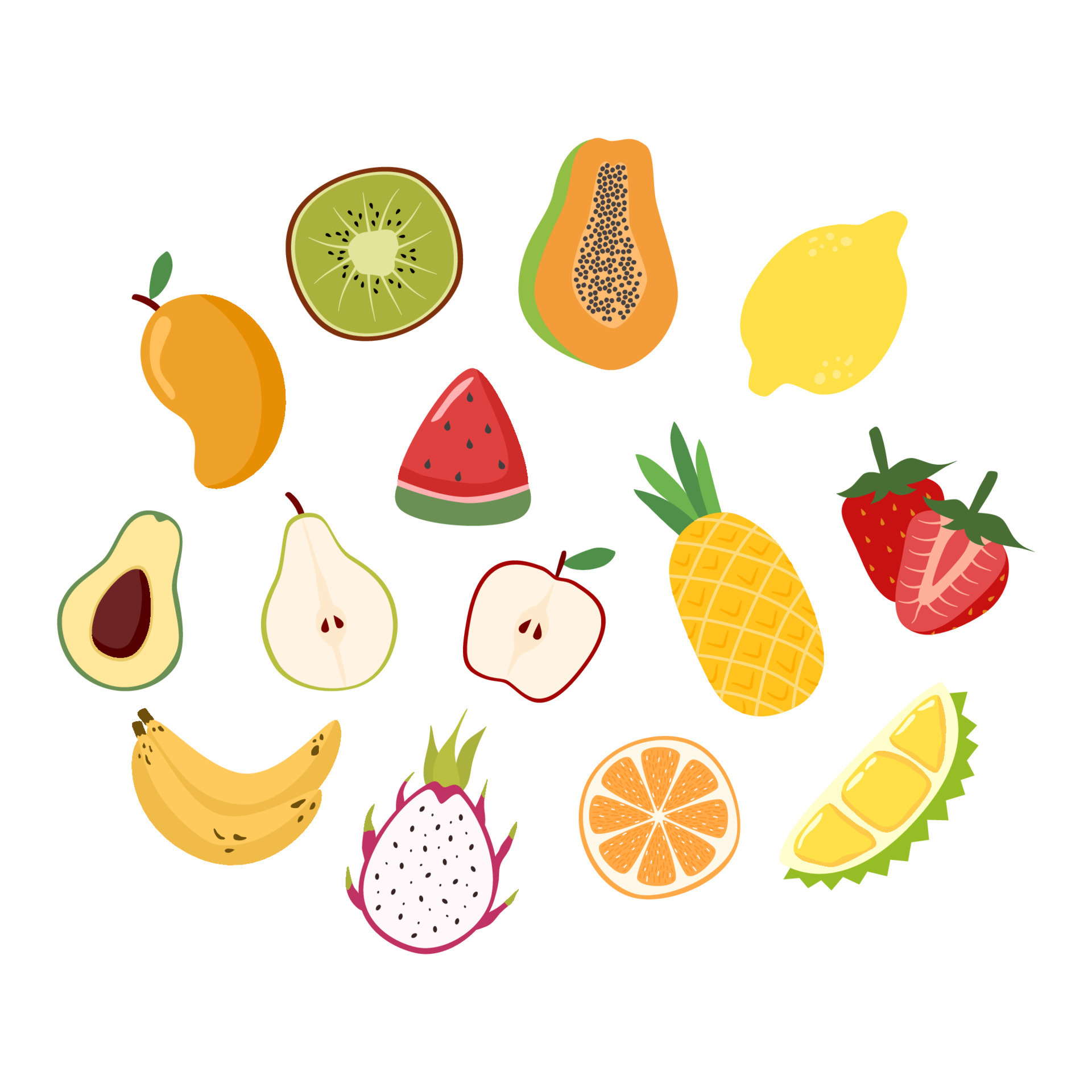 Fruit vector flat design apple banana pear avocado pineapple strawberry ...