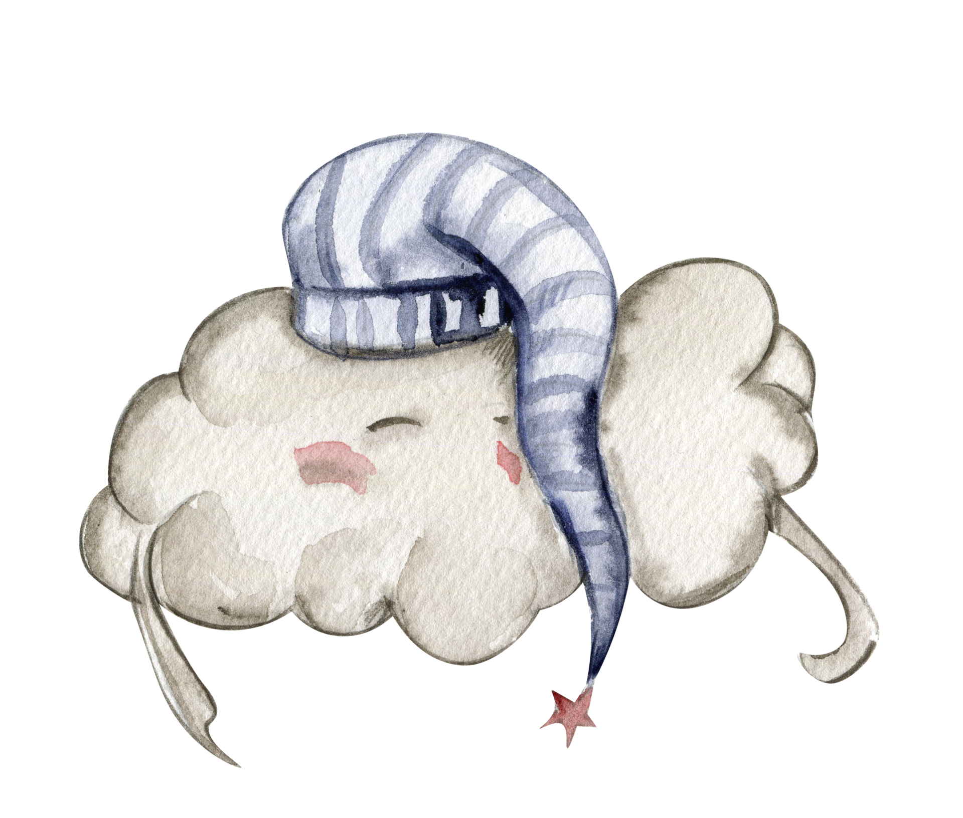 Watercolor Hand Drawn White Sleeping Clouds In Cartoon Style 24491915 Png