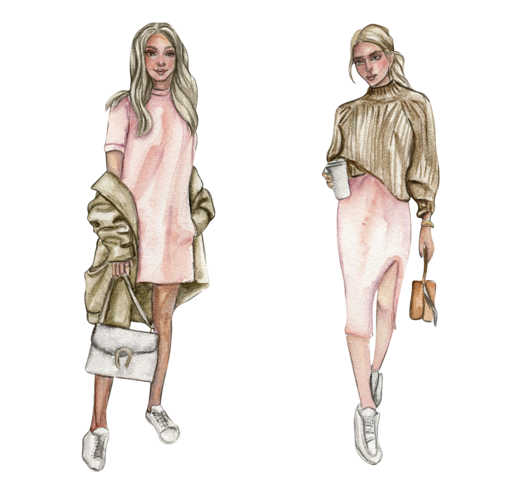 Watercolor hand drawn fashion street style girl. Fashionable women ... Watercolor hand drawn fashion street style girl. Fashionable women ...
