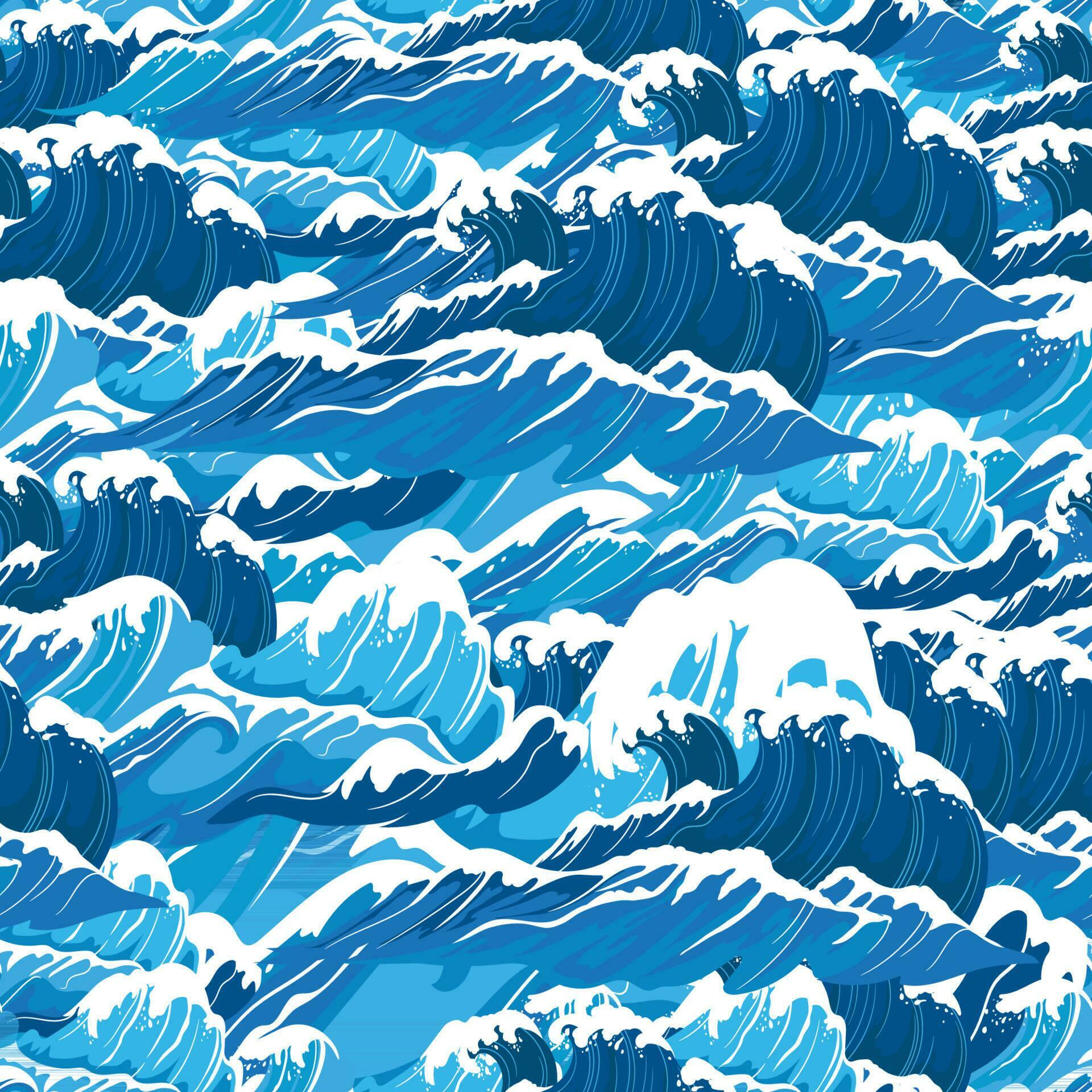 Ocean waves seamless pattern. Sea wave blue background, wind storm surf water hand drawn vector ...