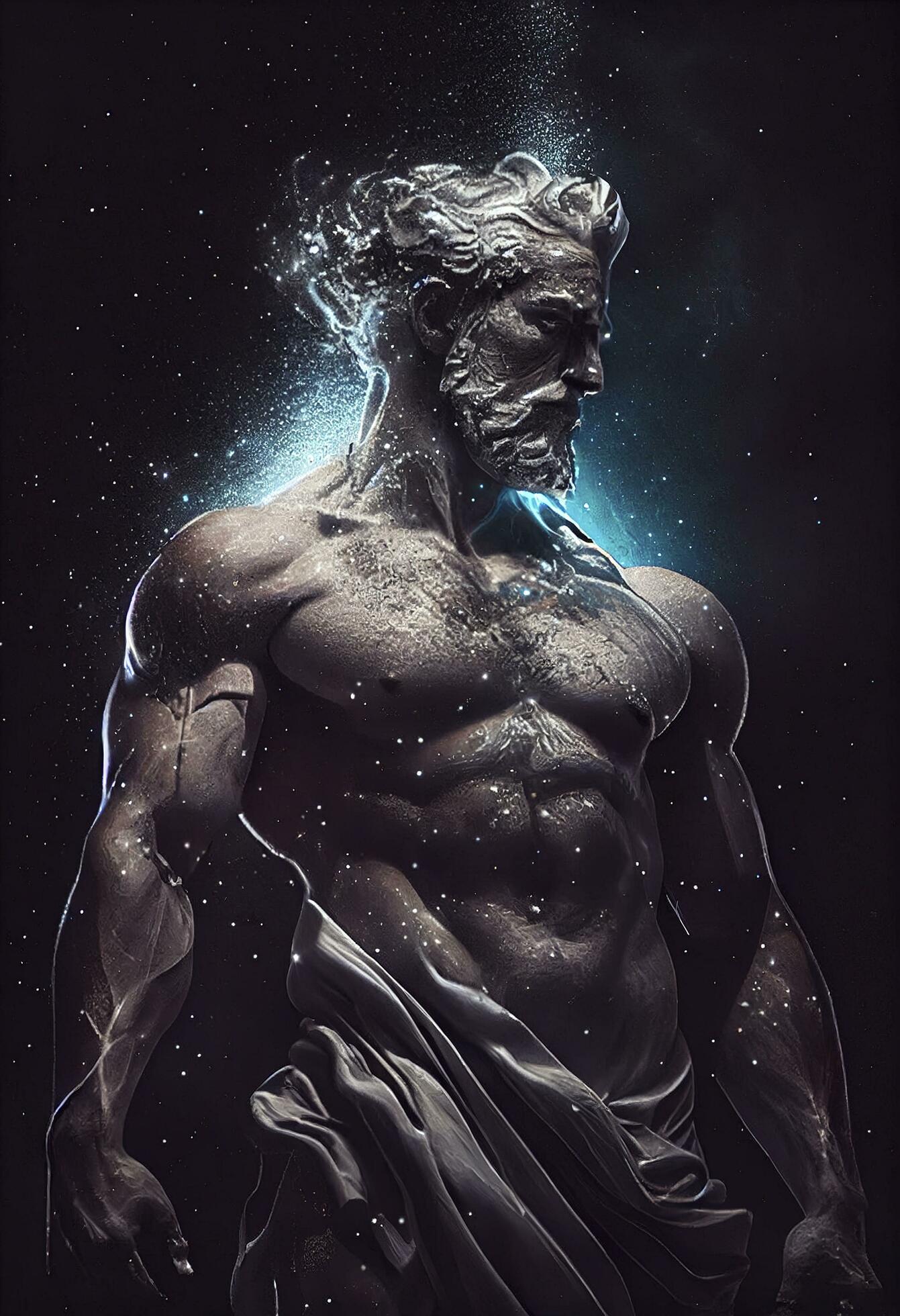 Mythological Greek God Of Darkness Erebus Surrounded By The Universe Against A Dark Background