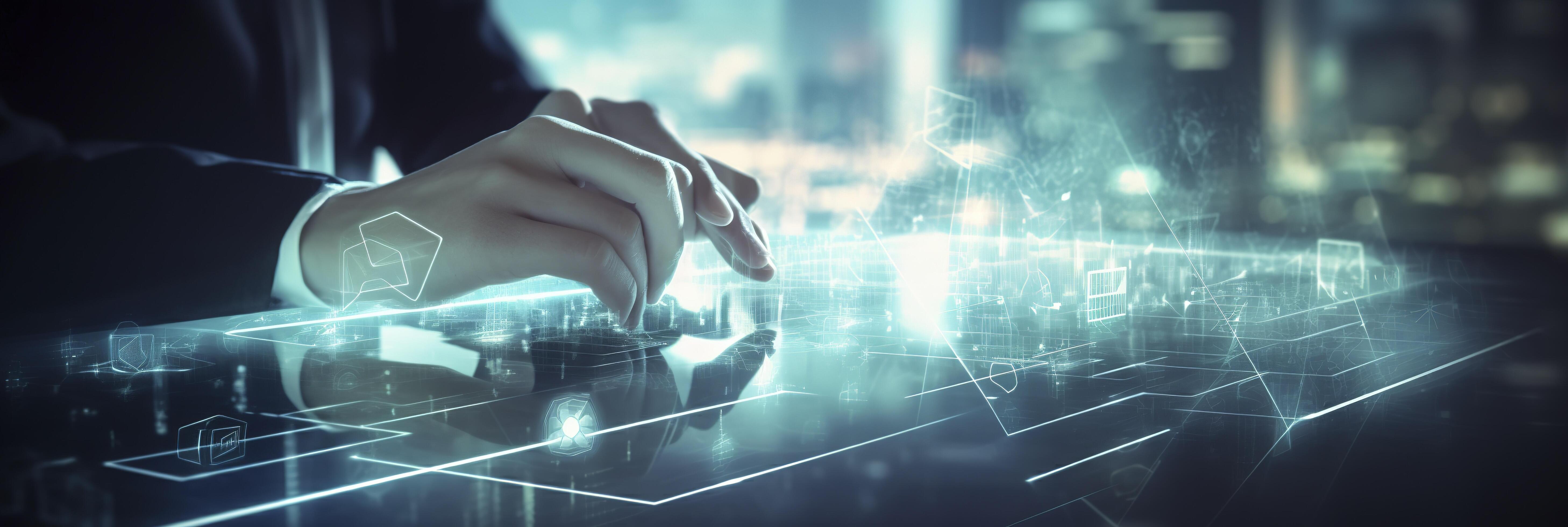 Big data technology background. Using a laptop against the background ...