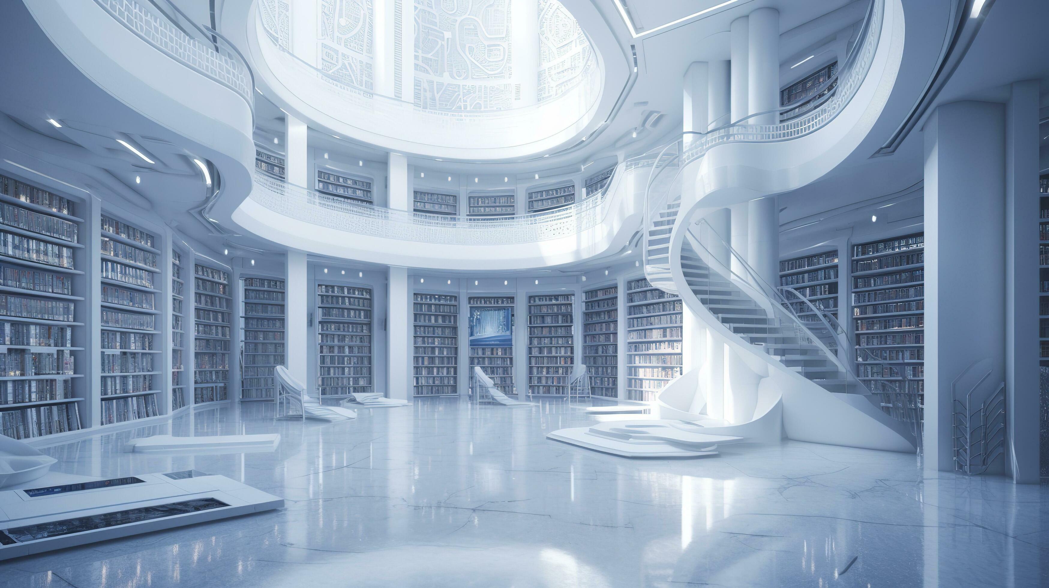 artificial intelligence white library classroom in space, a futuristic library with a lot of ...
