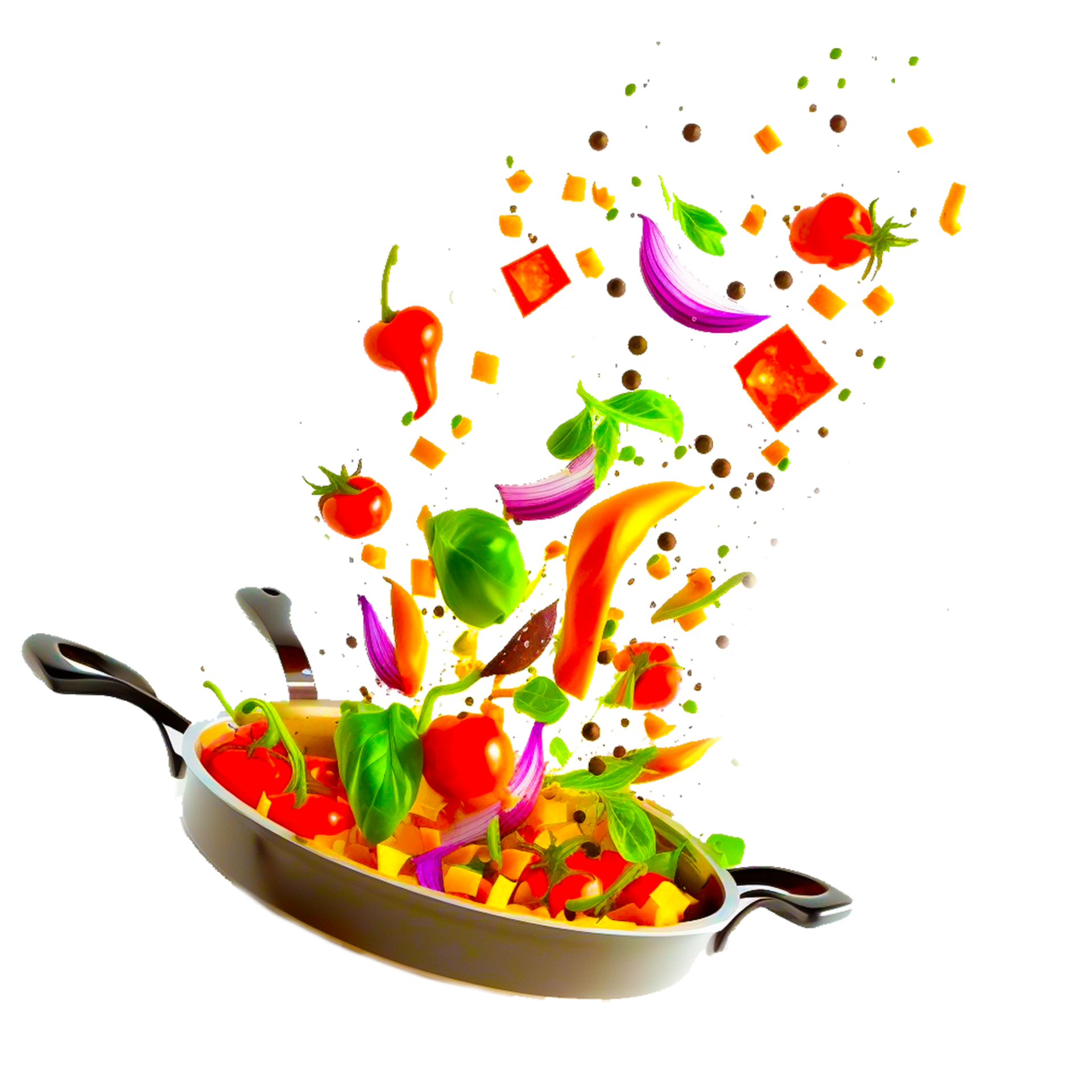Different Vegetables Falling Into Frying Pan Isolated Mix Of Sliced Flying Food 24500674 Png