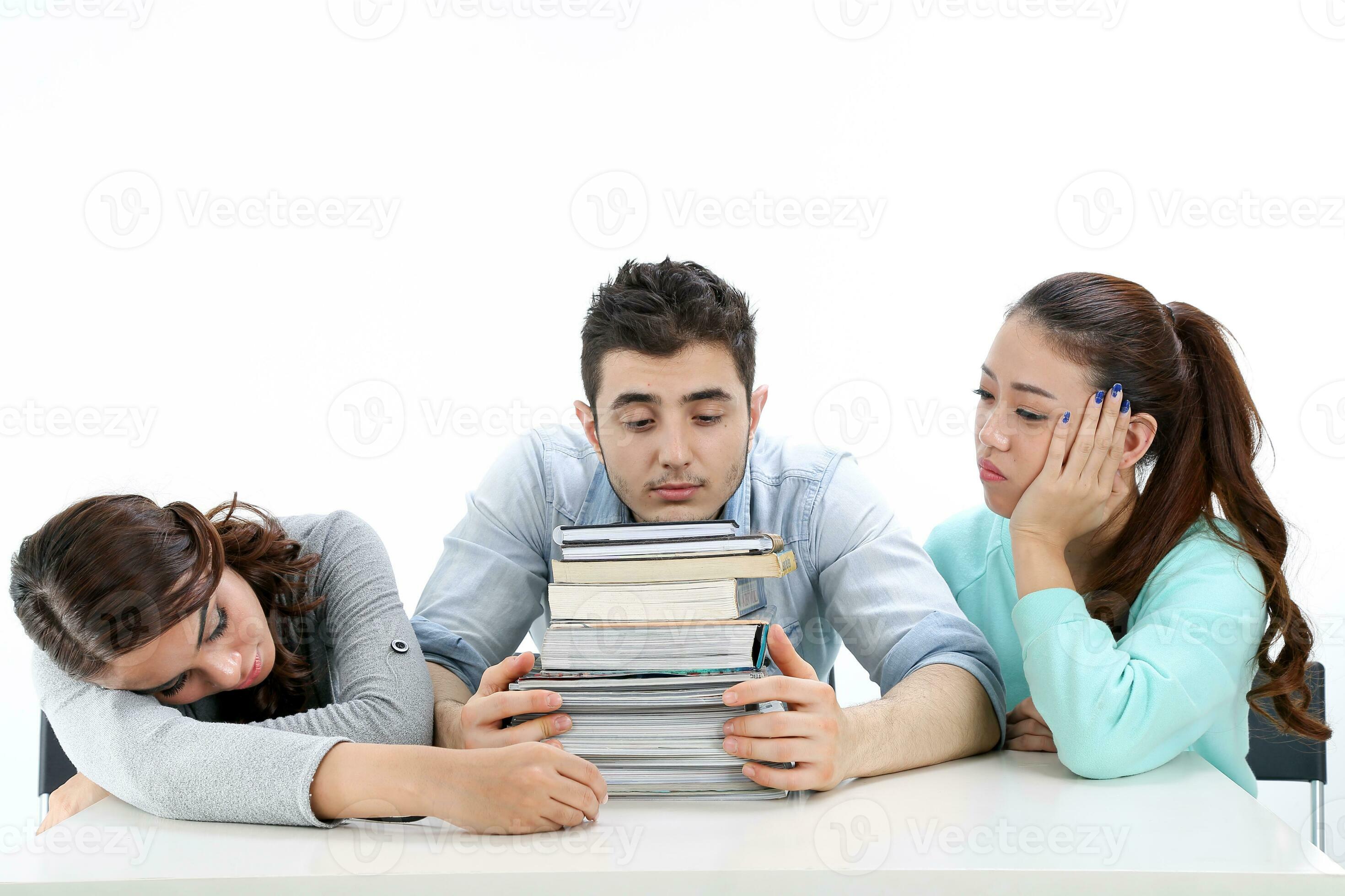 Yong south east Asian middle eastern Caucasian youth man woman in casual dress sit at table ...