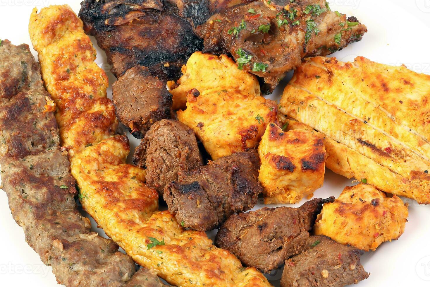 Mixed charcoal grilled platter chicken beef mutton goat meat shish ...
