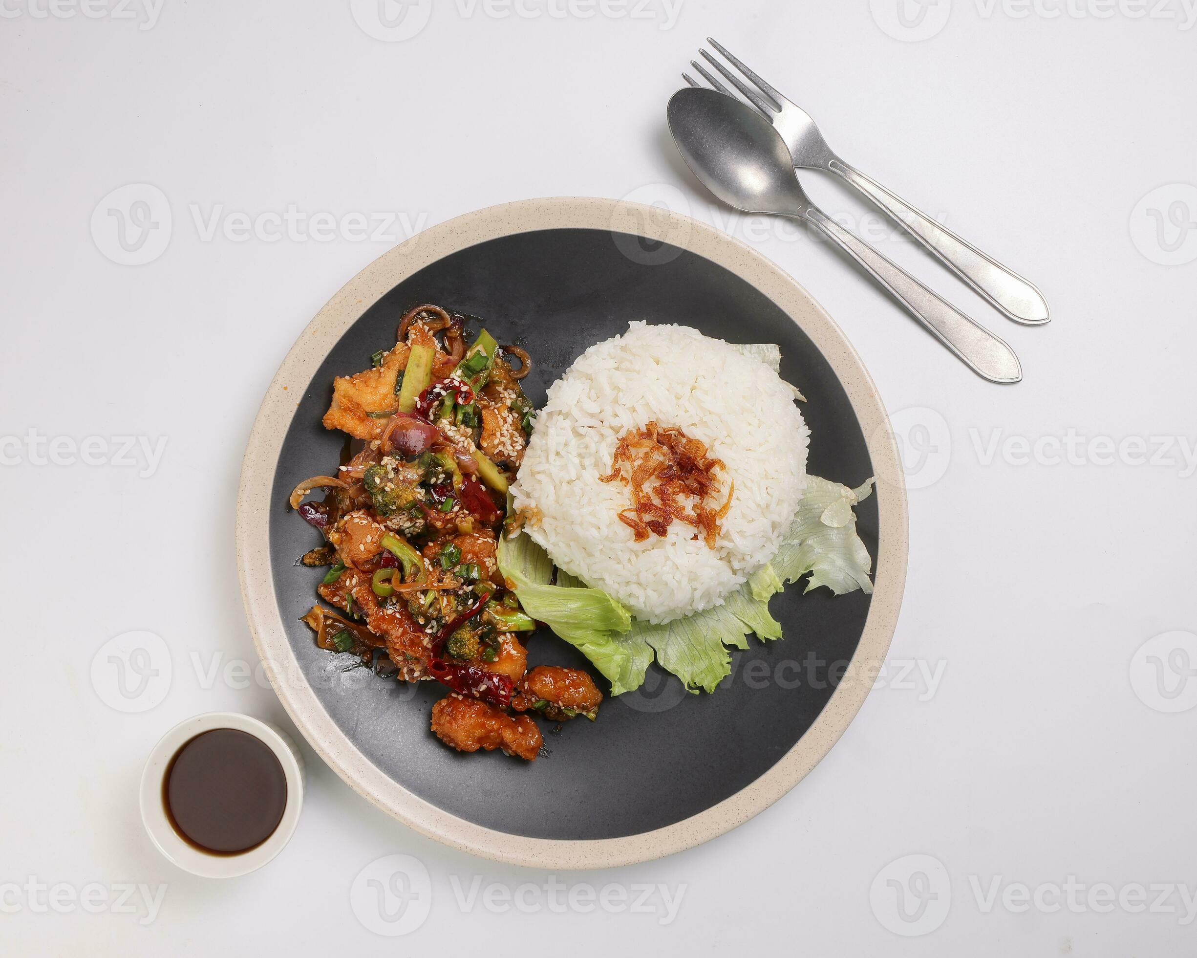 Chinese Style Kung Pao Gong Bao Kung Po Stair Fried Chicken With Steamed Rice Lettuce On Dark