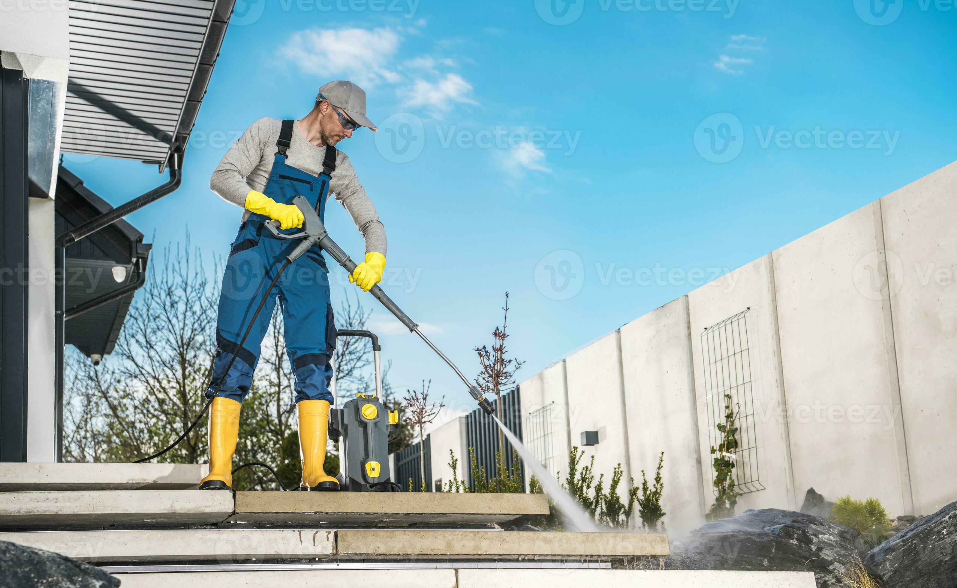 Men Washing His Backyard Garden Concrete Path and Stairs Using Pressure Washer 24531756 Stock ...
