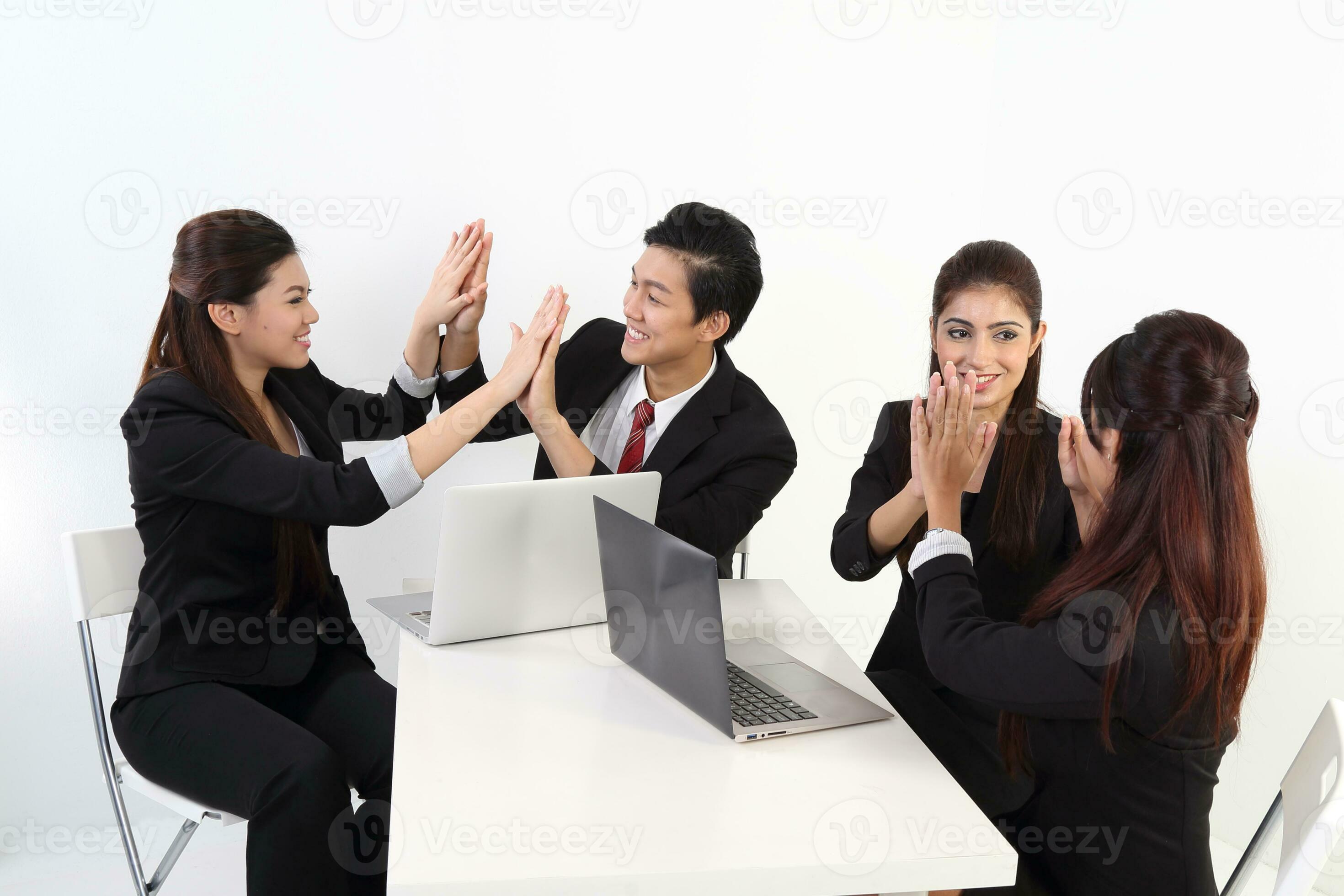 South east Asian young Chinese Indian man woman wearing formal business ...