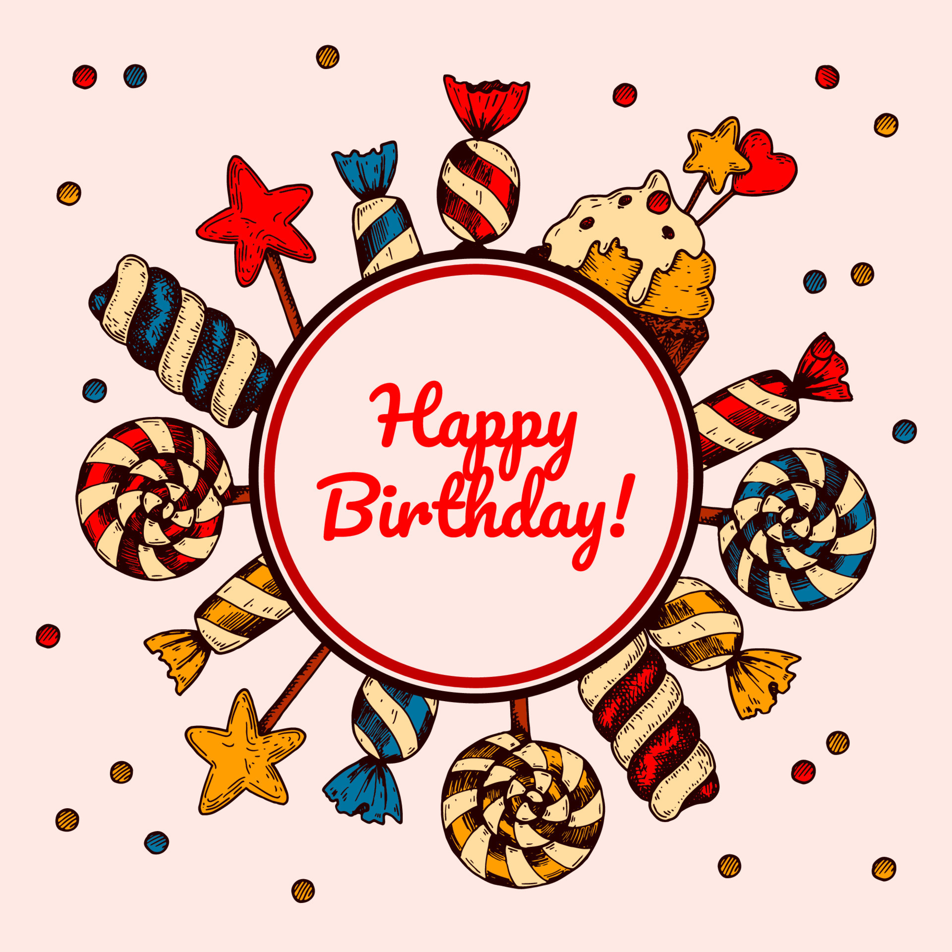 Happy Birthday greeting card. Hand drawn design. Festive background ... Happy Birthday greeting card. Hand drawn design. Festive background ...