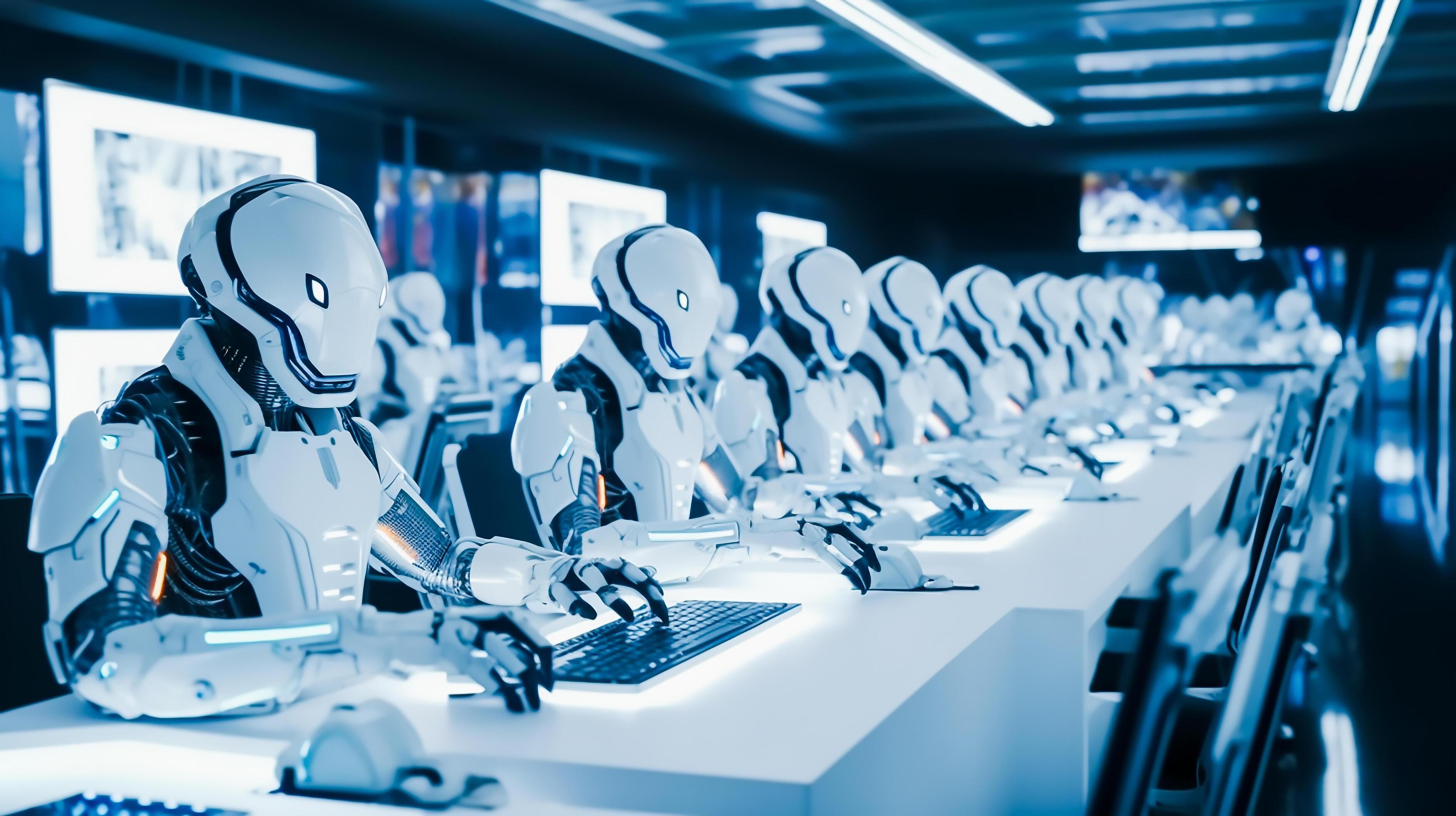 White Ai robot working and looking on monitor creen computer lab, high-tech artificial ...