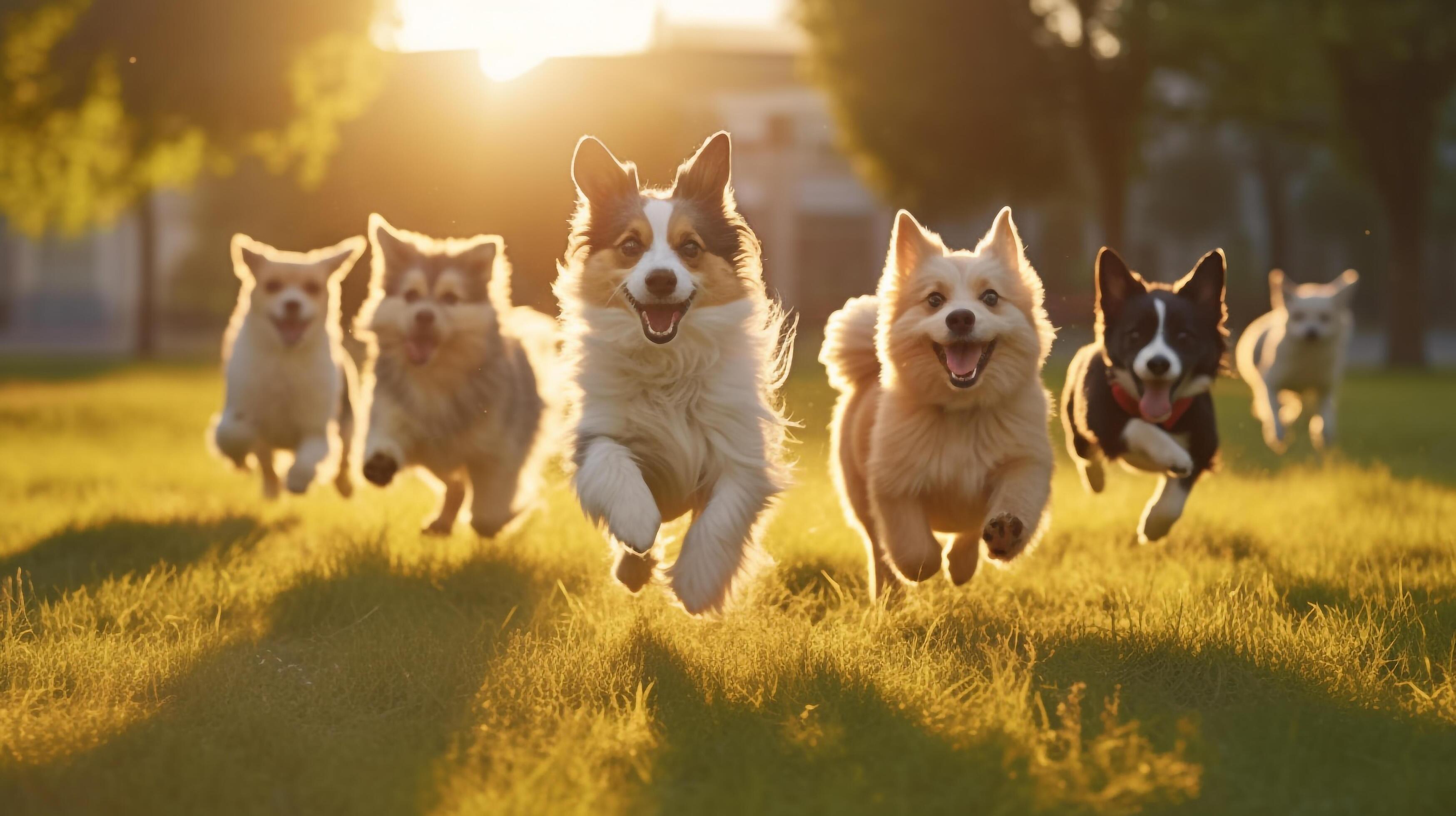 Cute funny dogs group running and playing on green grass in park in ...